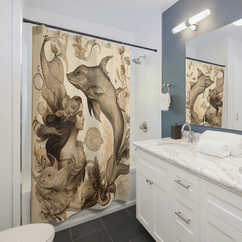 Antique Sepia Mermaid & Marine Life Shower Curtain - Scientific ...