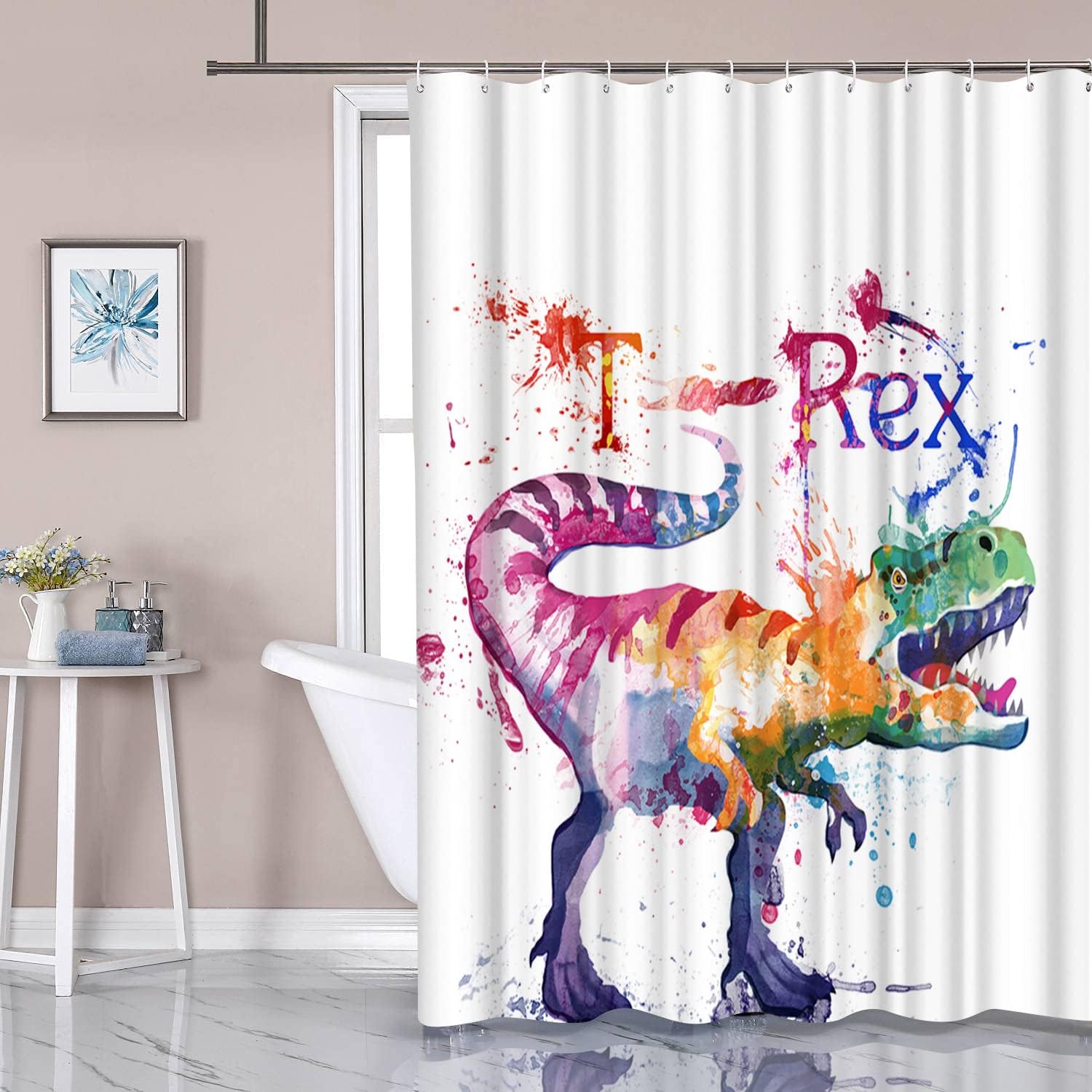 Artistic Print Animal Dinosaur Shower Curtain with Watercolor Painting ...