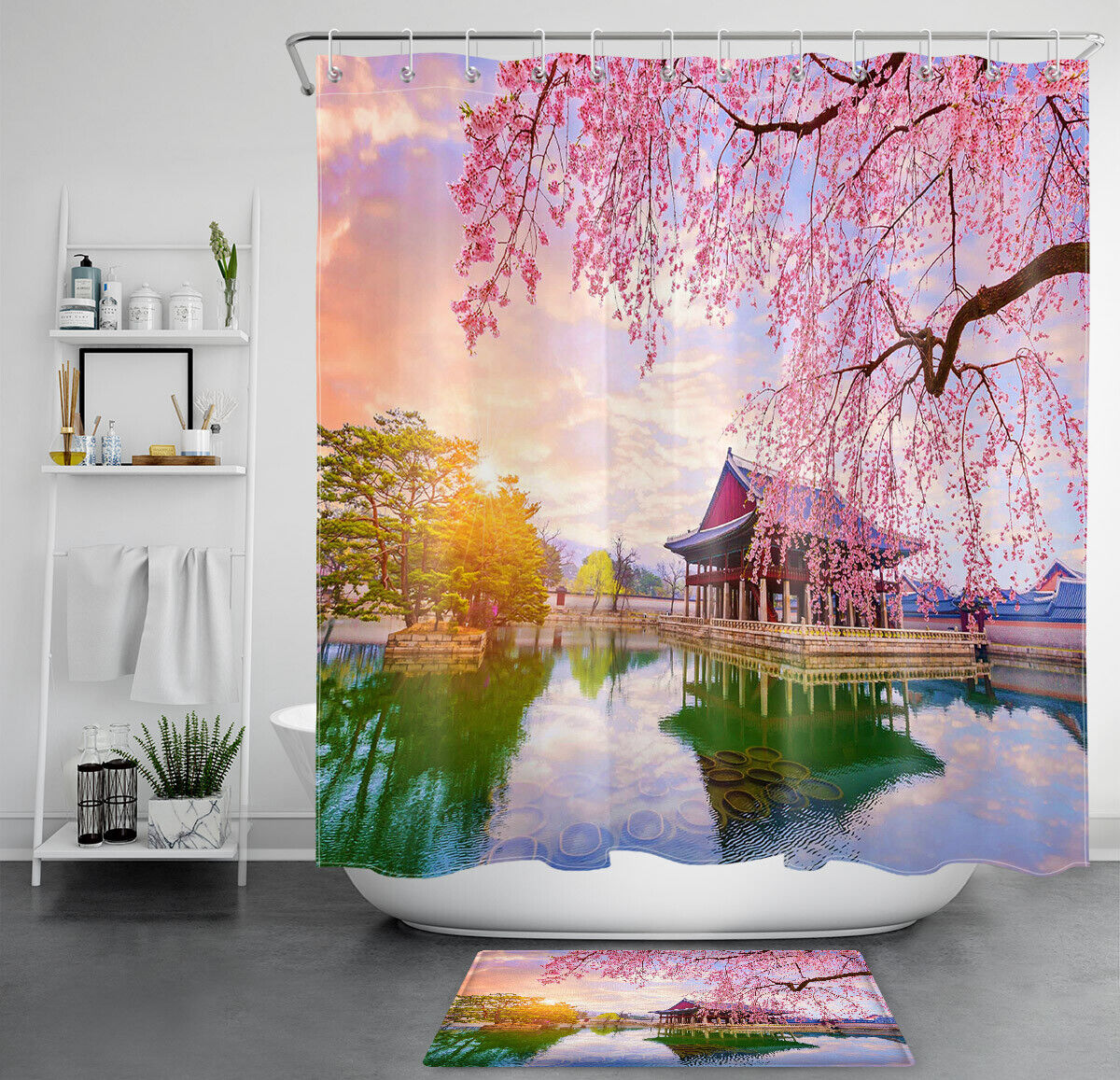 Asian Garden Lakeside Sakura Blossoms Shower Curtain - Bathroom Decor ...