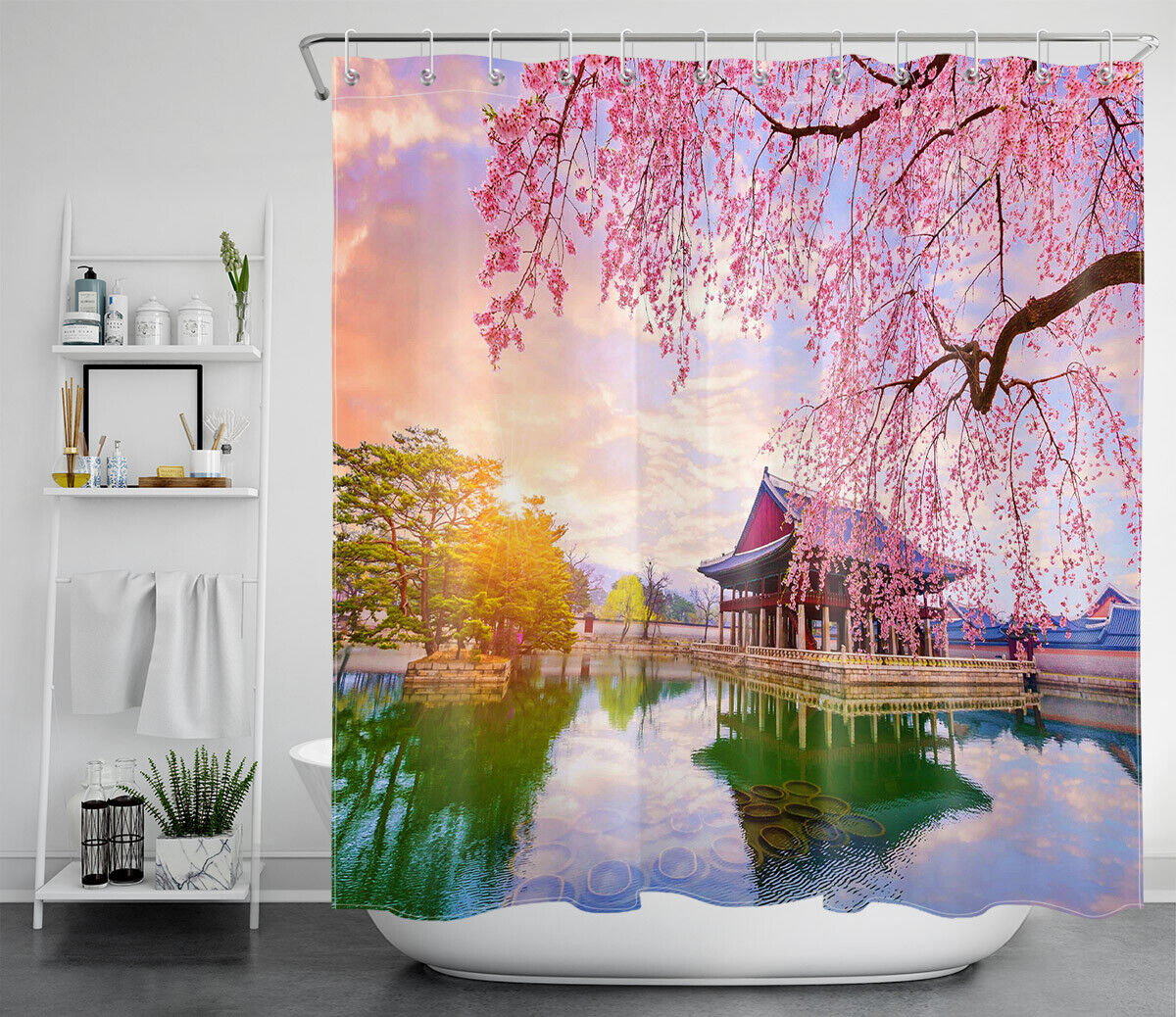 Asian Garden Lakeside Sakura Blossoms Shower Curtain - Bathroom Decor ...