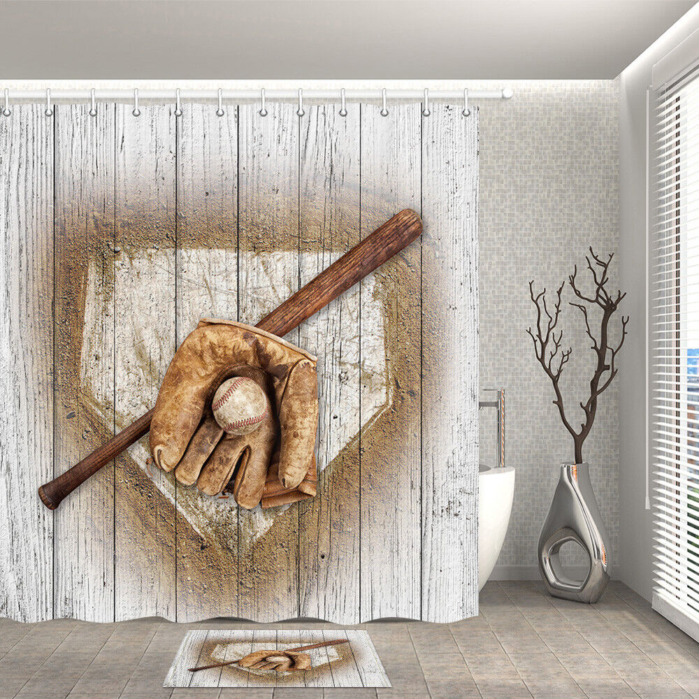 Baseball Glove and Bat Fabric Shower Curtain for Sports Bathroom Decor ...
