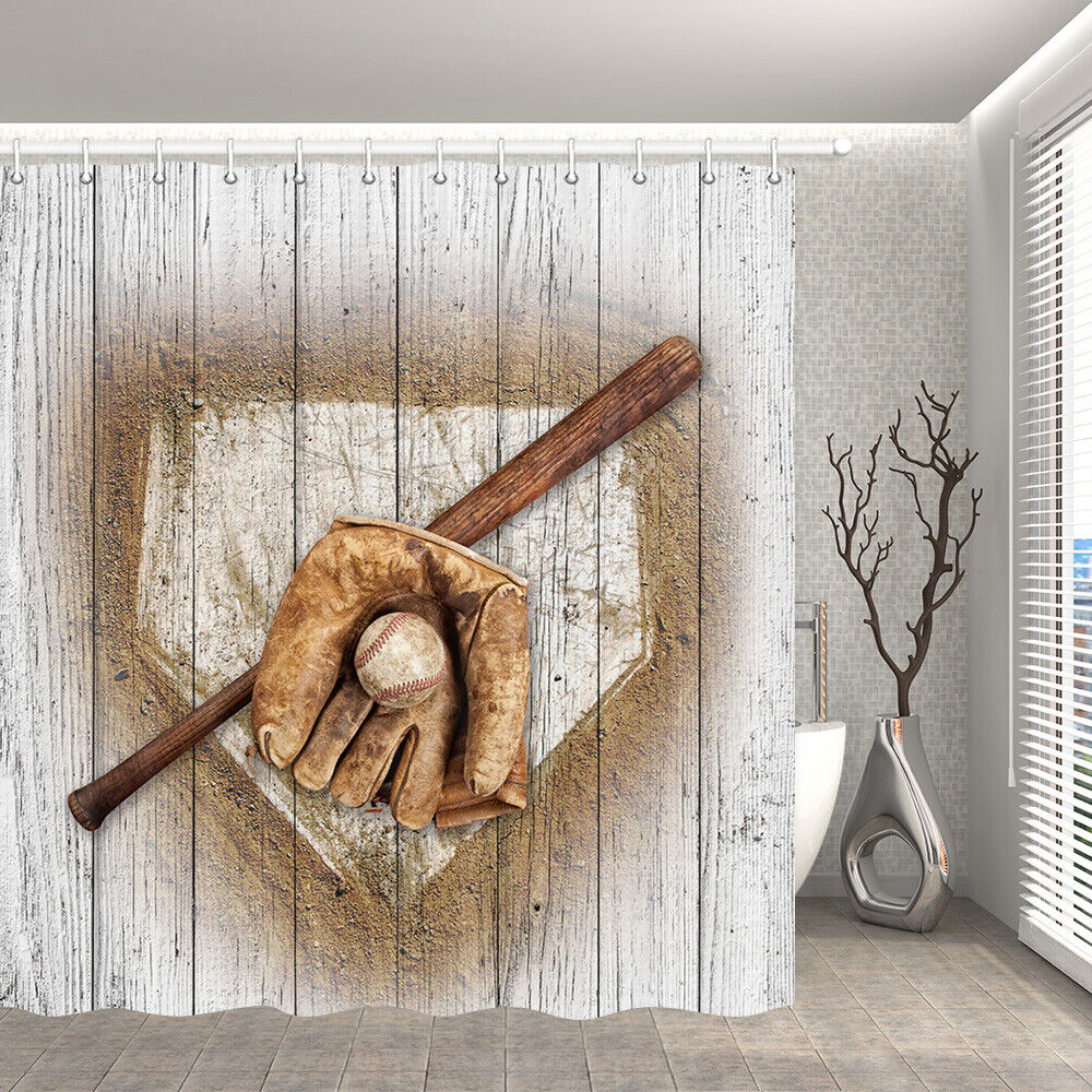 Baseball Glove and Bat Fabric Shower Curtain for Sports Bathroom Decor ...
