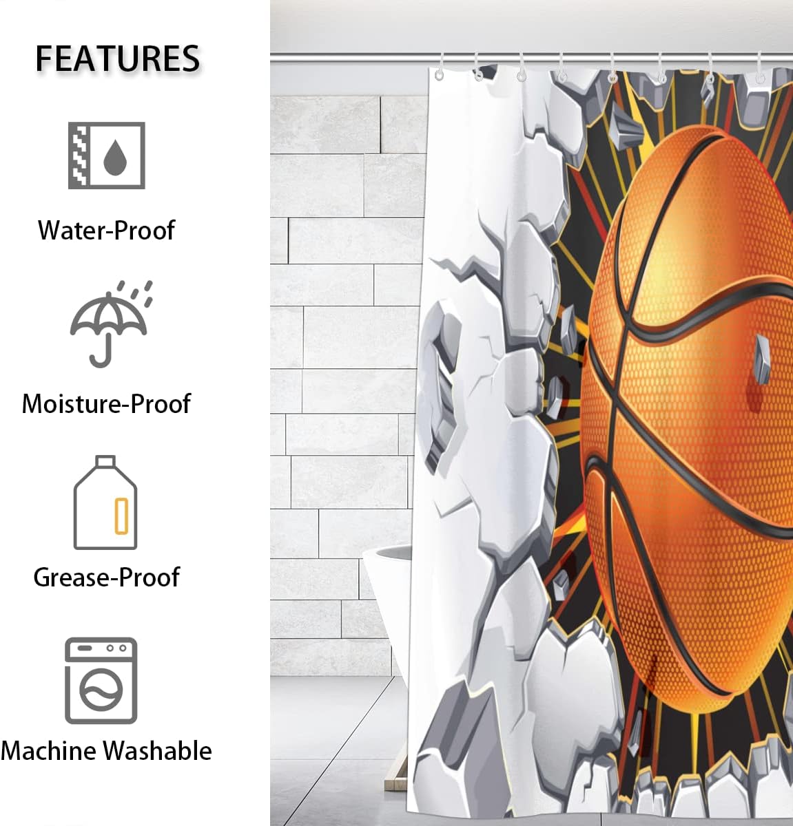 Basketball Wall Shower Curtain for Bathroom - Bath Tub Accessories ...