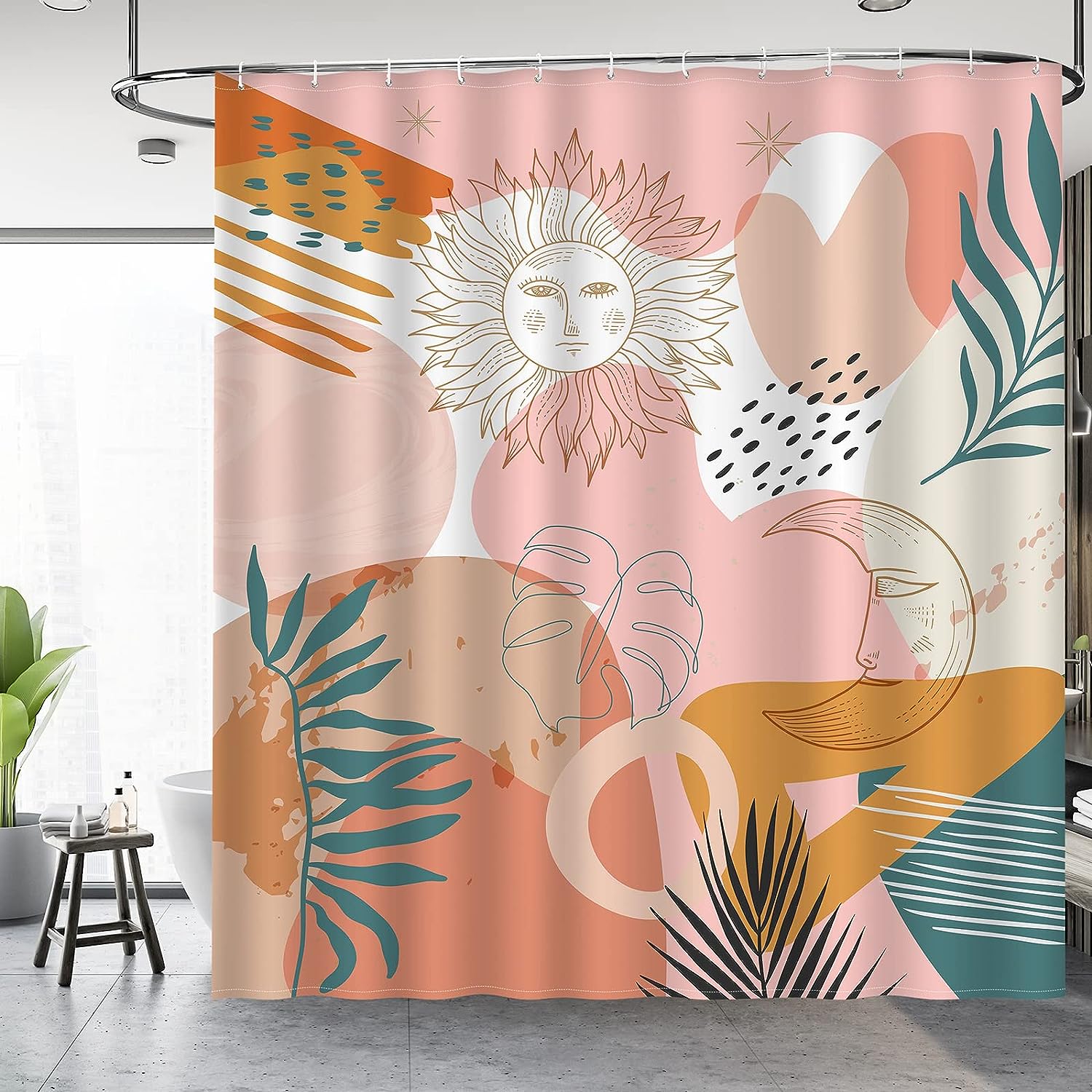 Boho Minimalist Sun Moon Shower Curtain - Abstract Bathroom Decor with ...