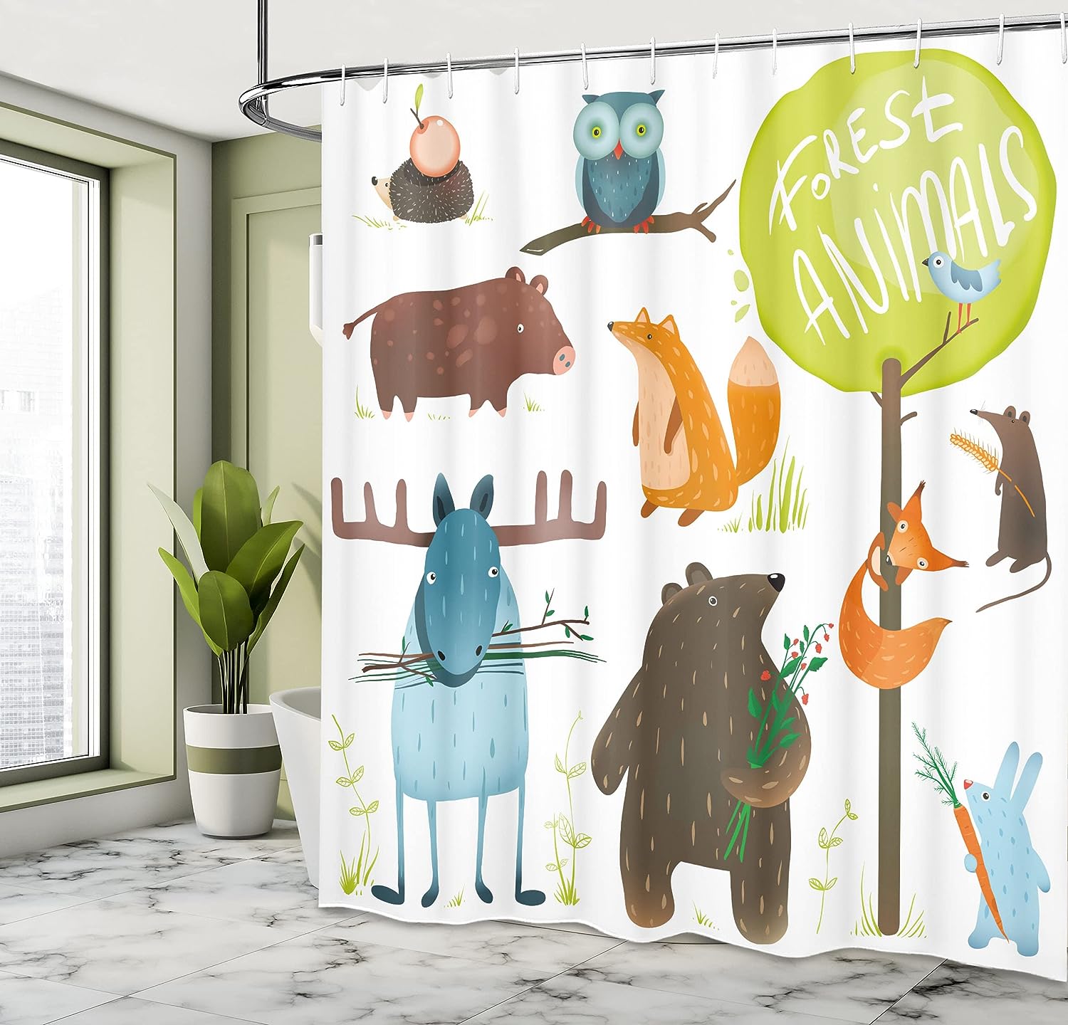Cartoon Style Forest Animals Shower Curtain with Bear and Deer Print ...