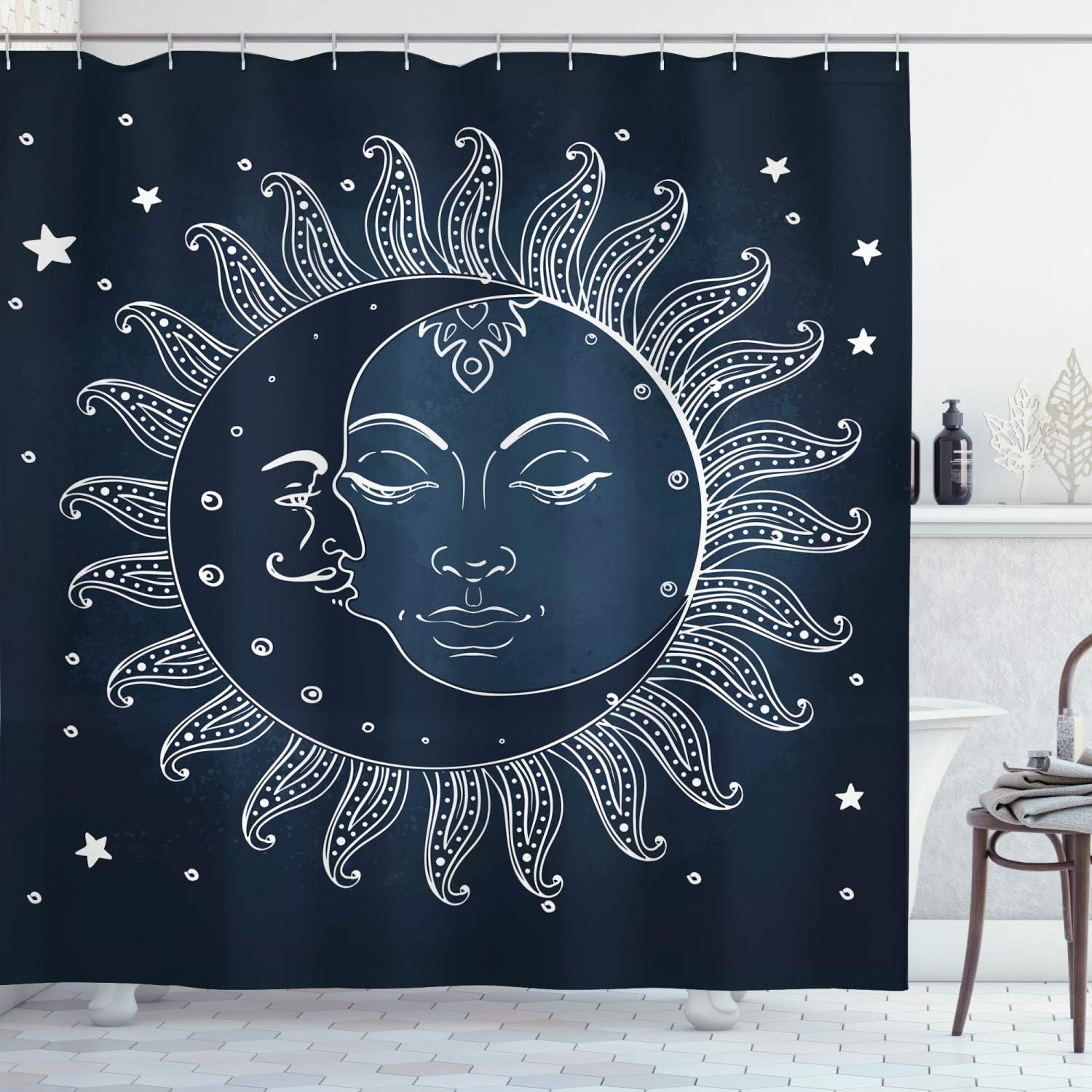 Celestial Sun and Moon Shower Curtain, Midnight Art with Crescent Moon ...