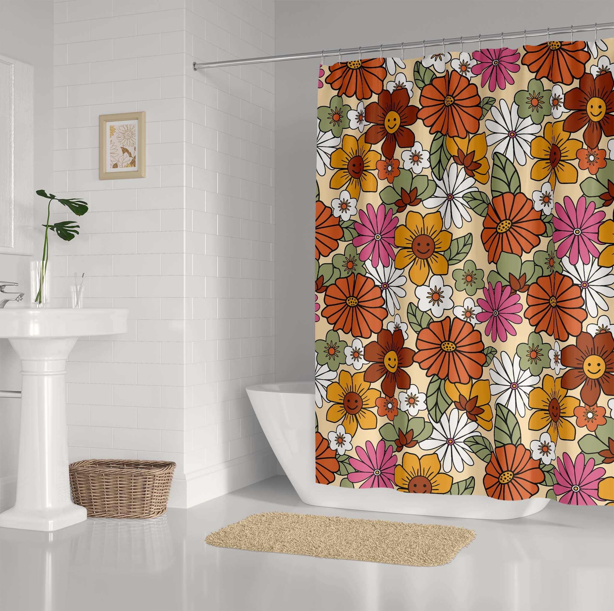 Colorful Retro Flowers Shower Curtain For A Vintage Hippie Bathroom