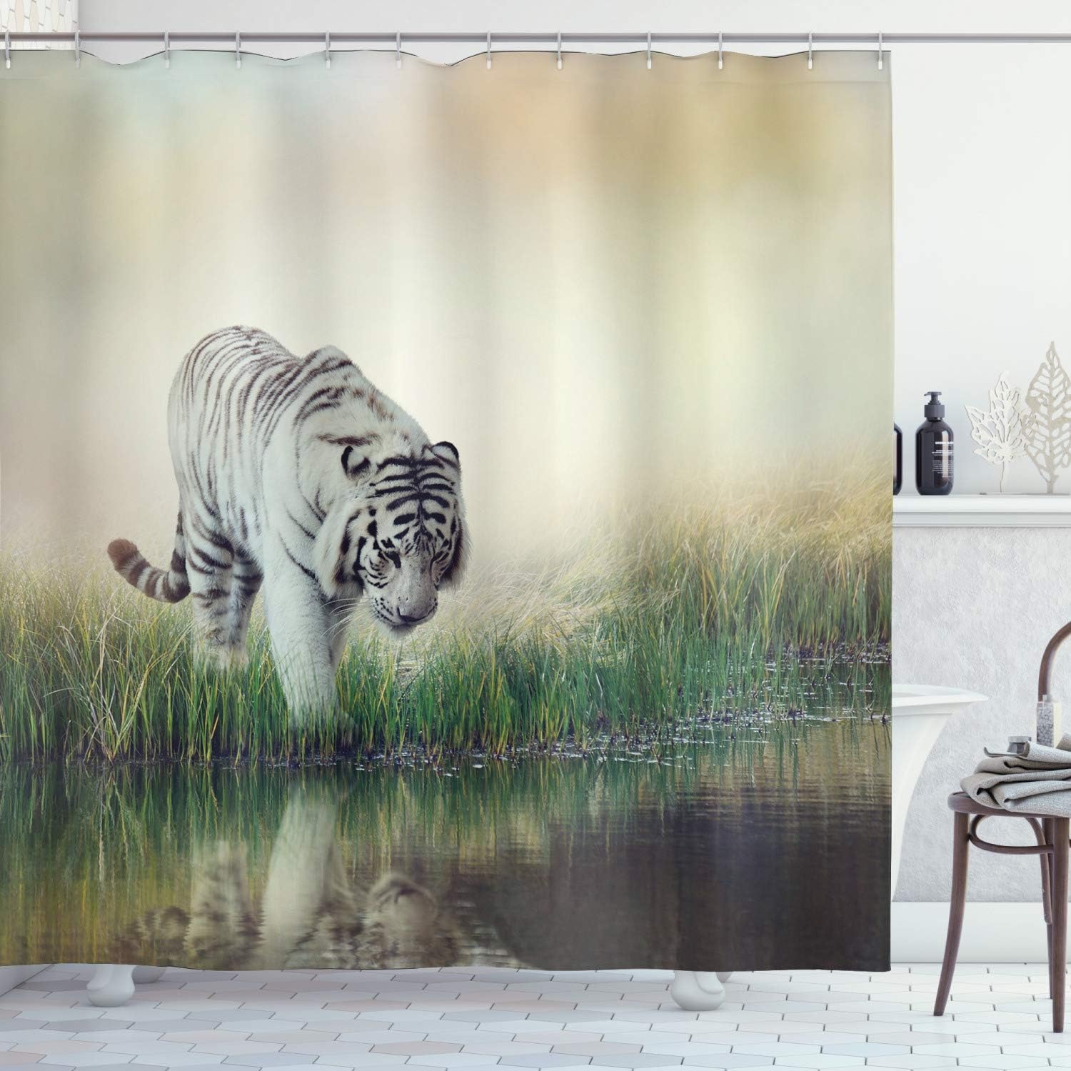 Exotic Albino Tiger Shower Curtain, River Background with Tiger, Cloth ...