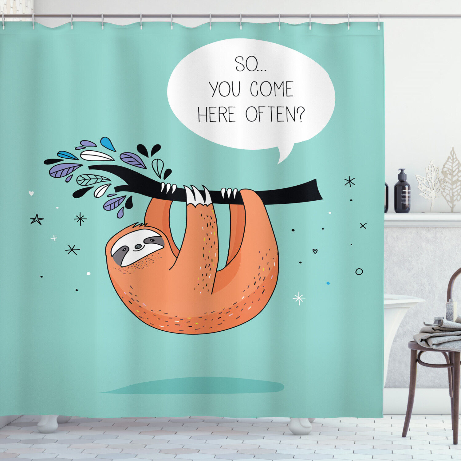 Flirty Sloth Cartoon Shower Curtain for Bathroom Decor - Animal Print ...