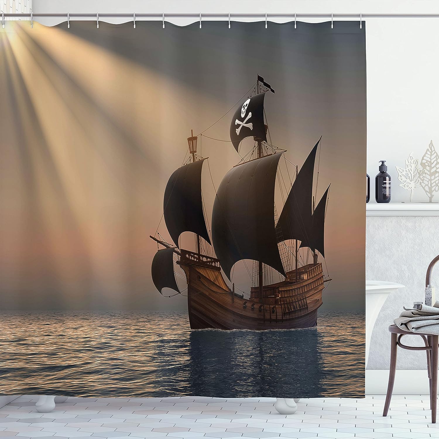 Floating Pirate Ship in Ocean Shower Curtain Bathroom Decor - Bluefink