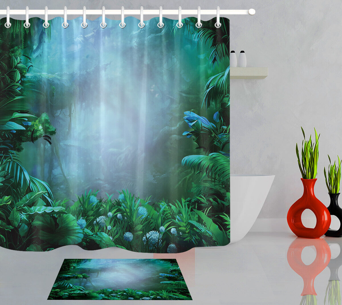 Foggy Rainforest Tropical Green Leaves Bath Waterproof Fabric Shower ...