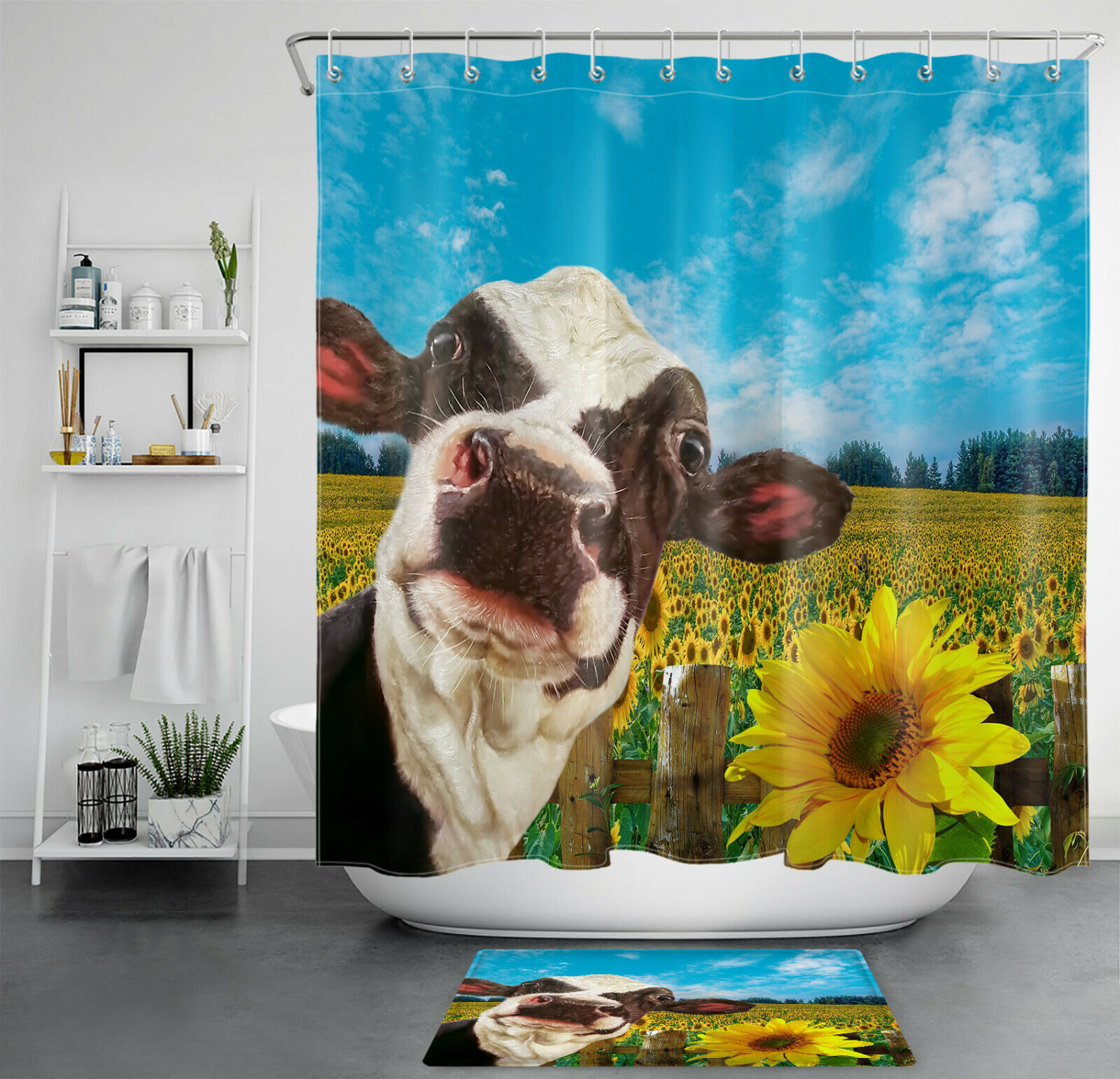 Funny Cow Shower Curtain with Sunflower Field for a Farmhouse Bathroom ...