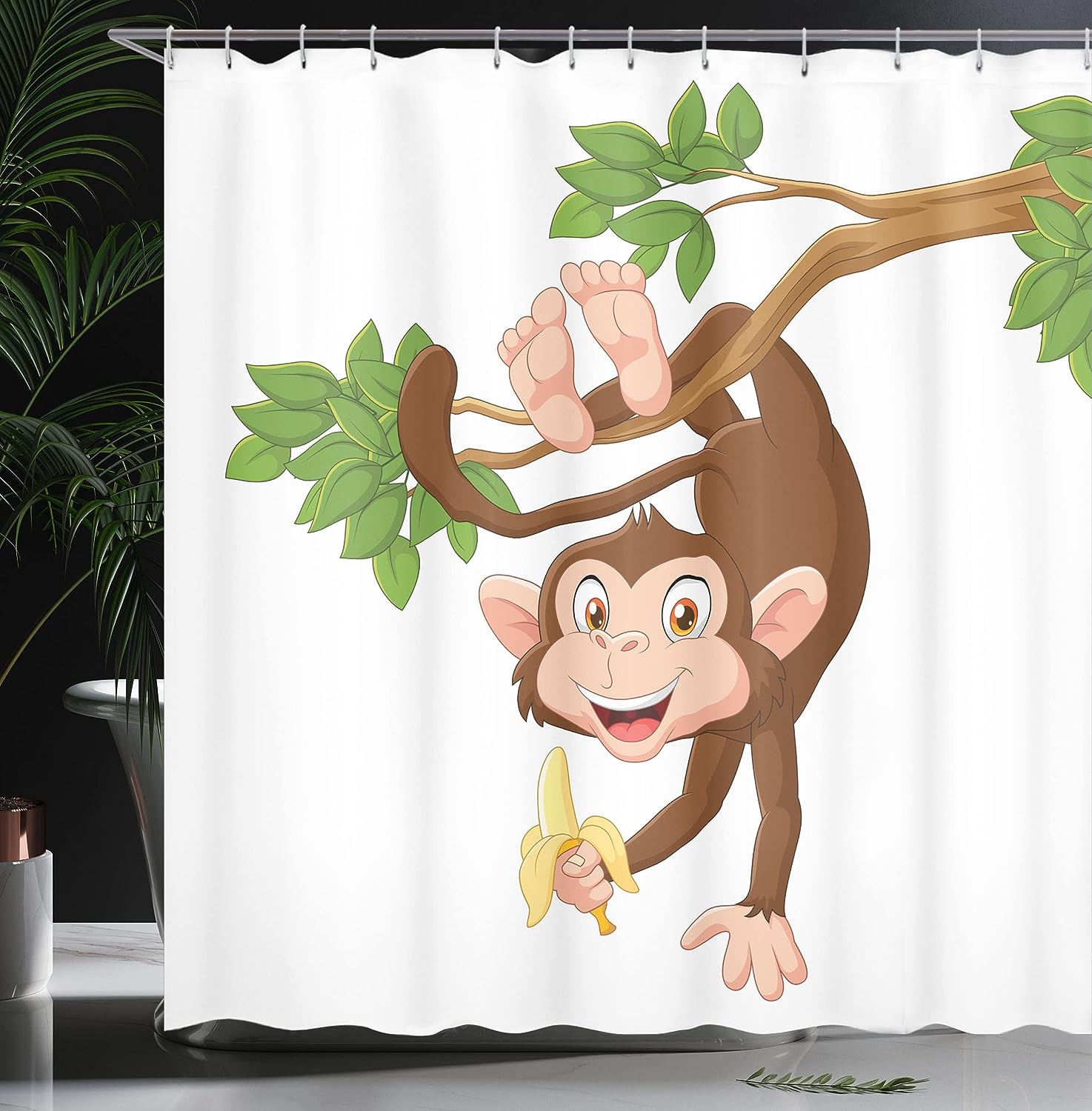 Funny Monkey Shower Curtain, Jungle Animals Theme Print in Chocolate ...