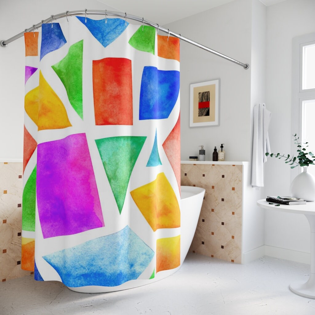 Geometric Watercolor Print Shower Curtain for Modern Bathroom Decor ...