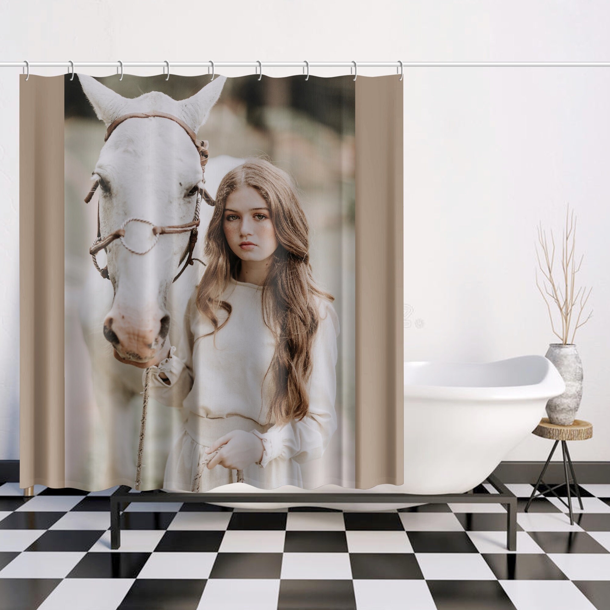 Girl and Her Horse Shower Curtain Equestrian Bathroom Decor - Bluefink
