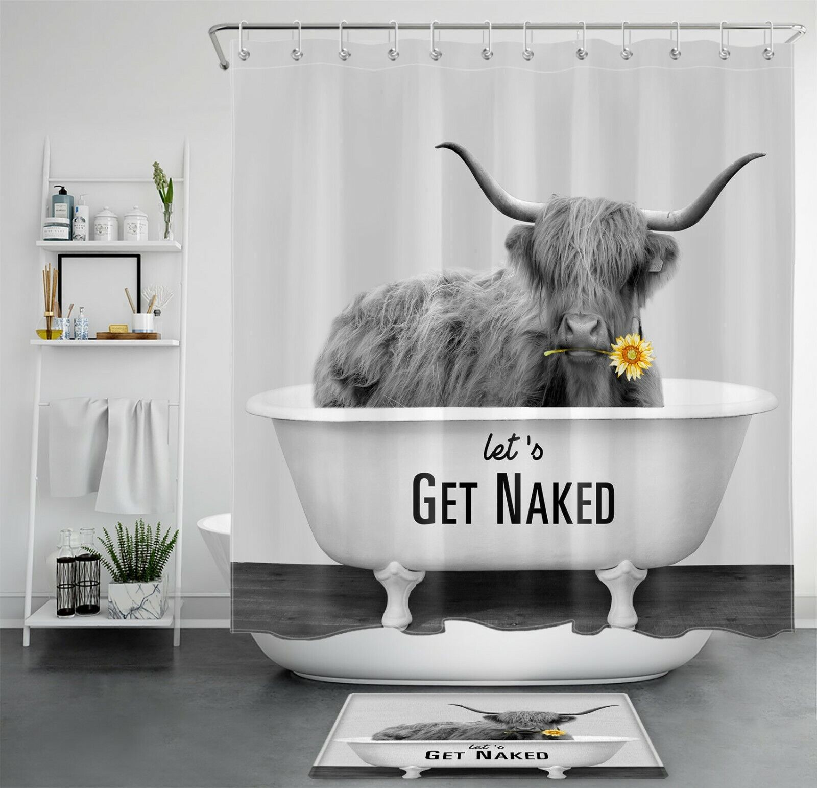 Highland Cow Flower Shower Curtain with Funny Word Print | Bathroom ...