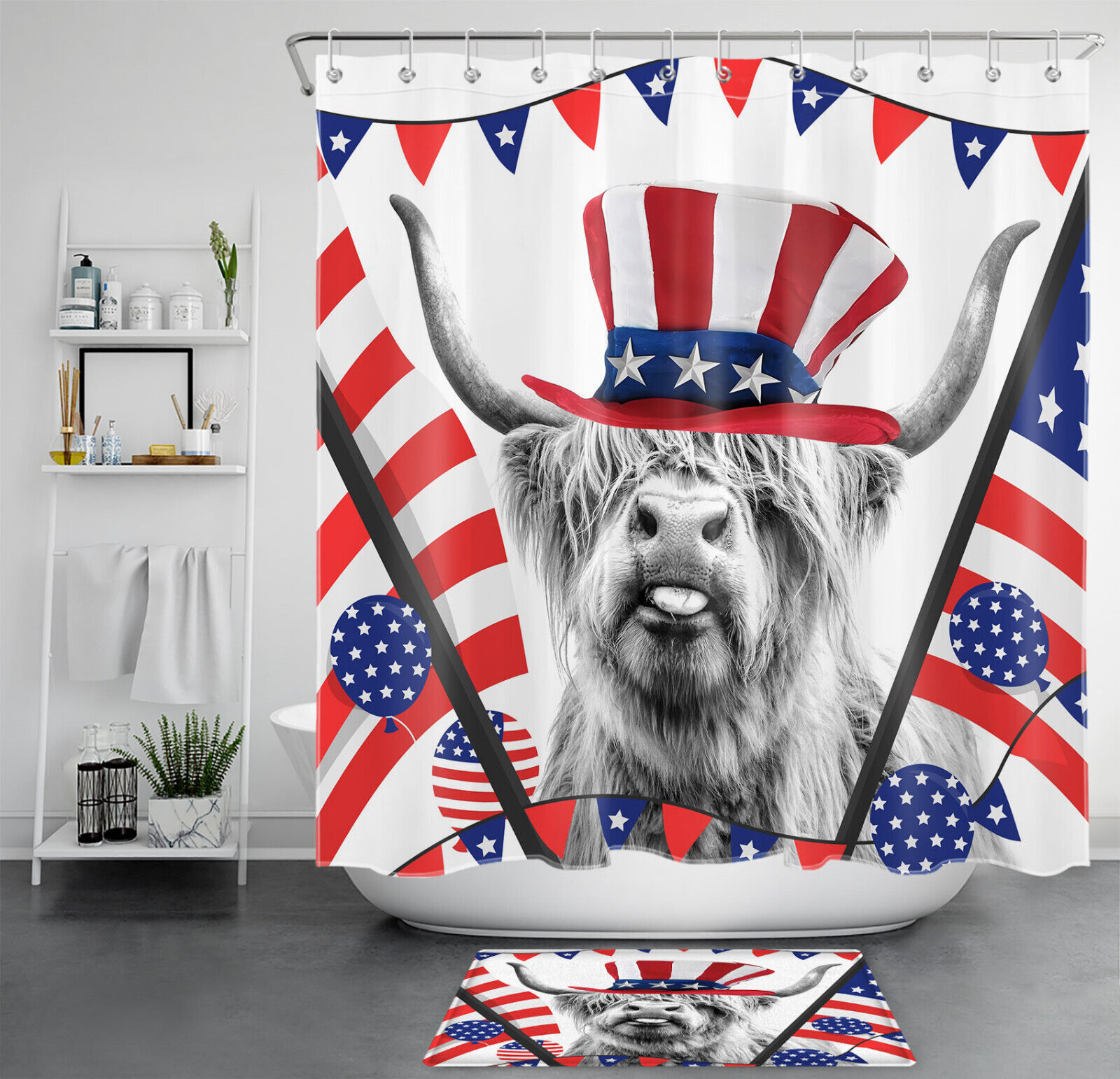 Independence Day Highland Cow Shower Curtain for Bathroom Decor - Grey ...