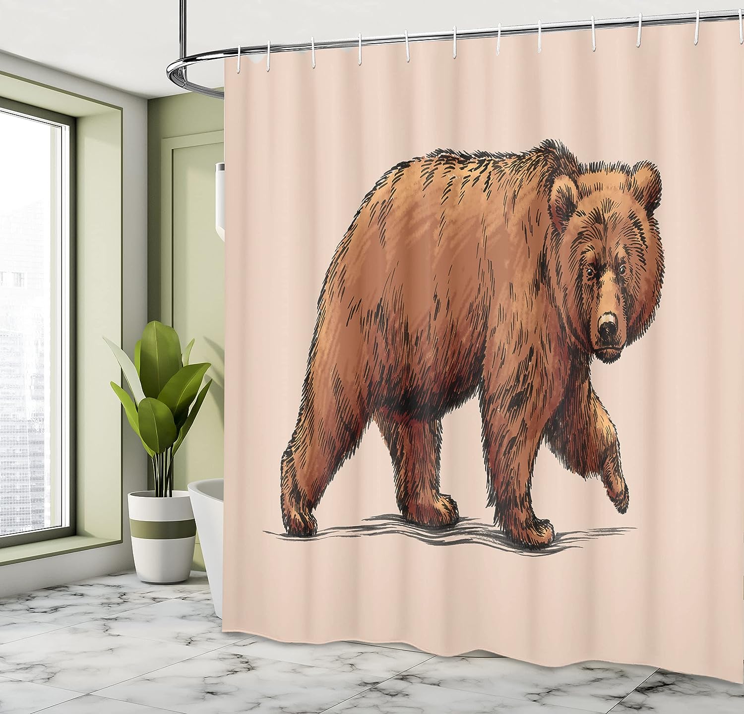 Ink Drawing Style Bear Shower Curtain, Wildlife Themed Art Cloth ...