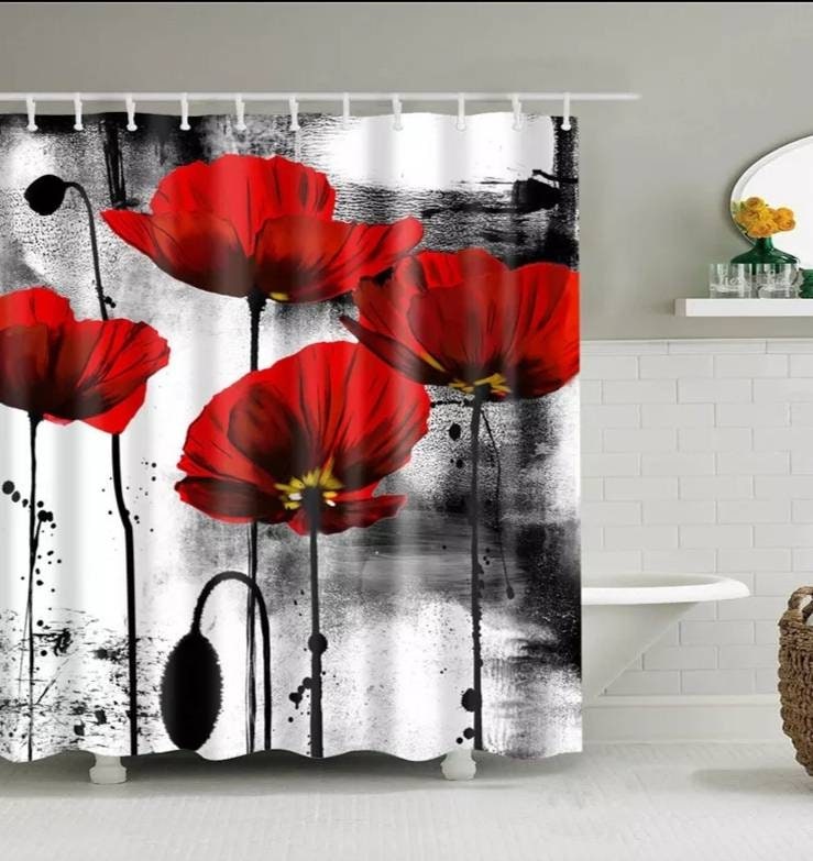 Invigorating Bathroom Decor with Beautiful Red Poppies Shower and Bath ...
