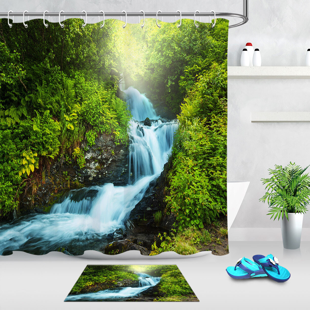 Jungle Stream Waterfall Shower Curtain Fabric Green Landscape - Bluefink