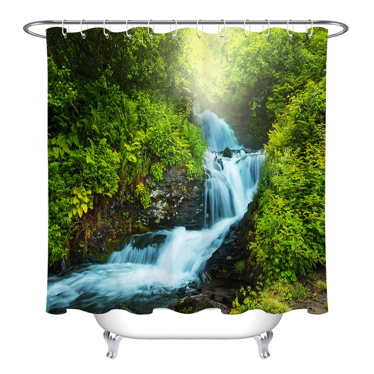 Jungle Stream Waterfall Shower Curtain Fabric Green Landscape - Bluefink