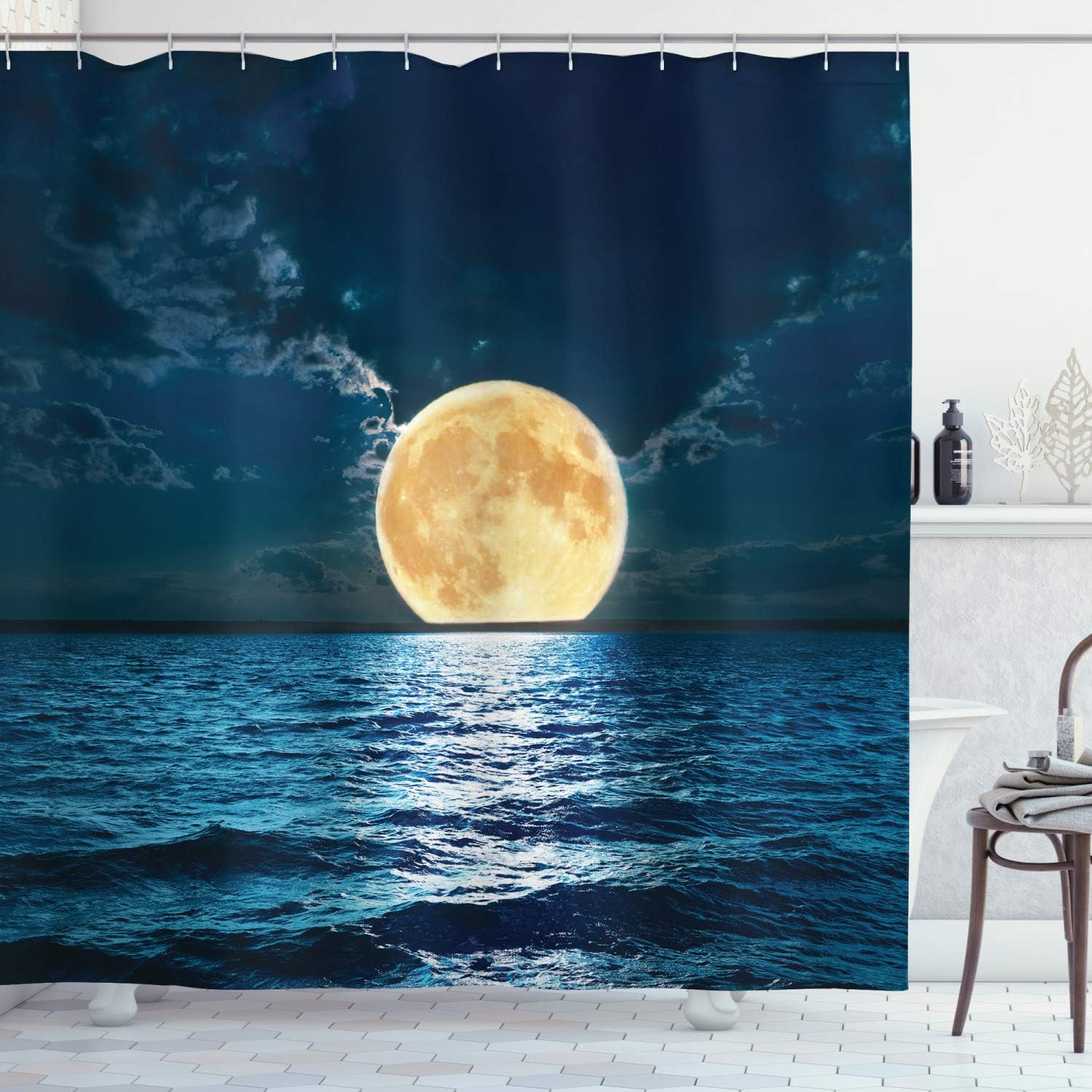 Midnight Yellow Navy Ocean Shower Curtain, Mystic Super Moon Over Ocean ...