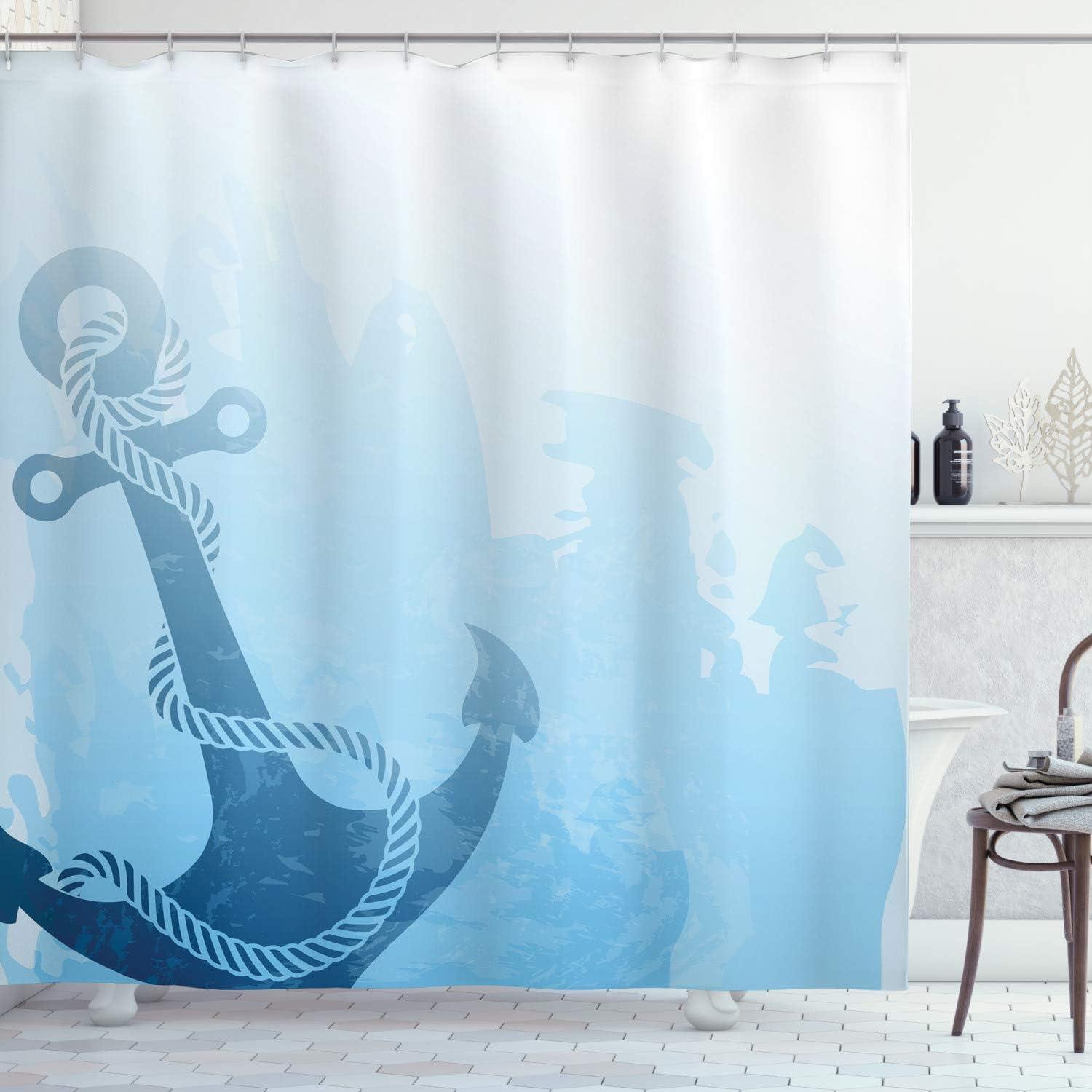 Monochrome Anchor Deep Sea Nautical Shower Curtain Pale Blue Bathroom ...