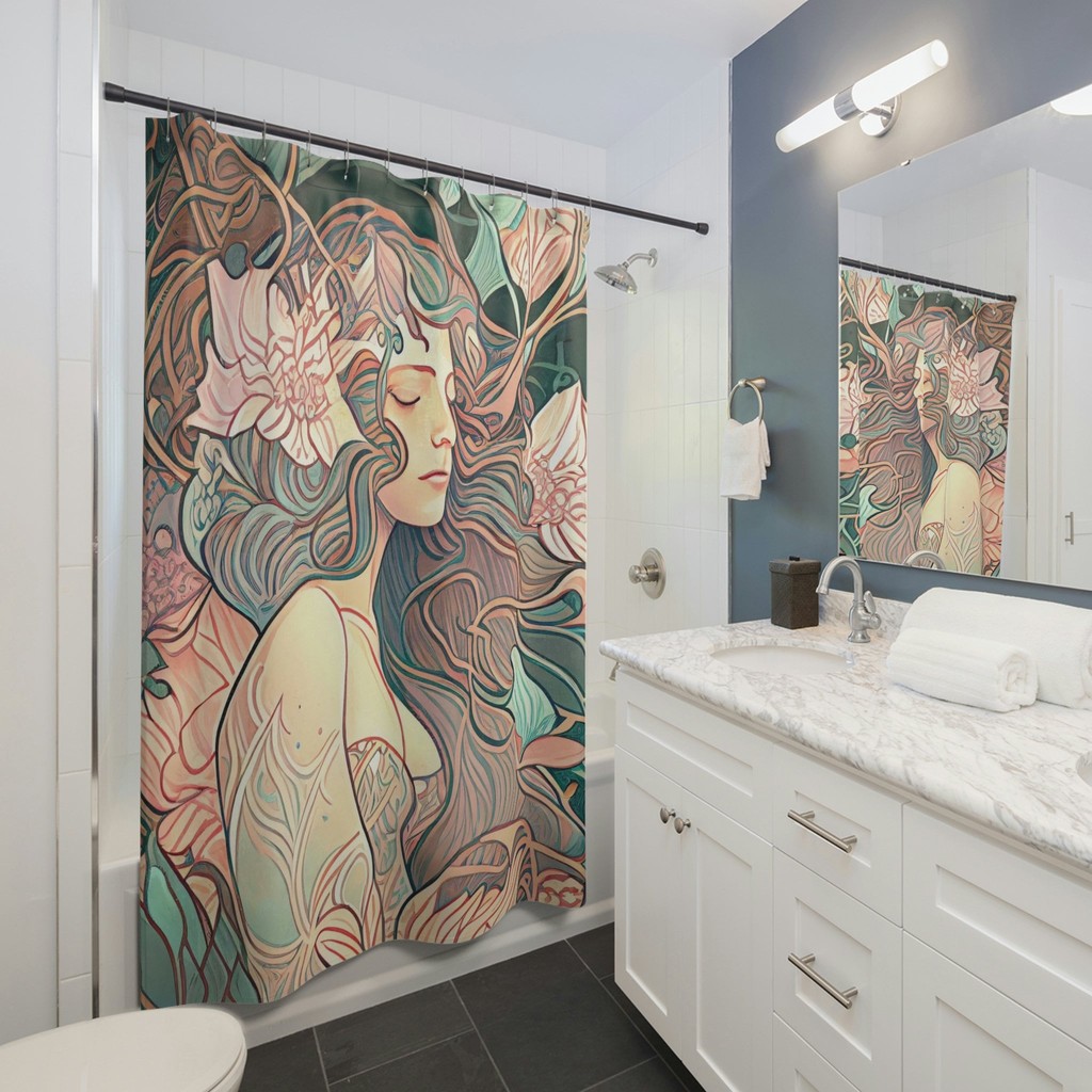 Mucha Style Mermaid Shower Curtain - Art Nouveau Bathroom Decor with ...