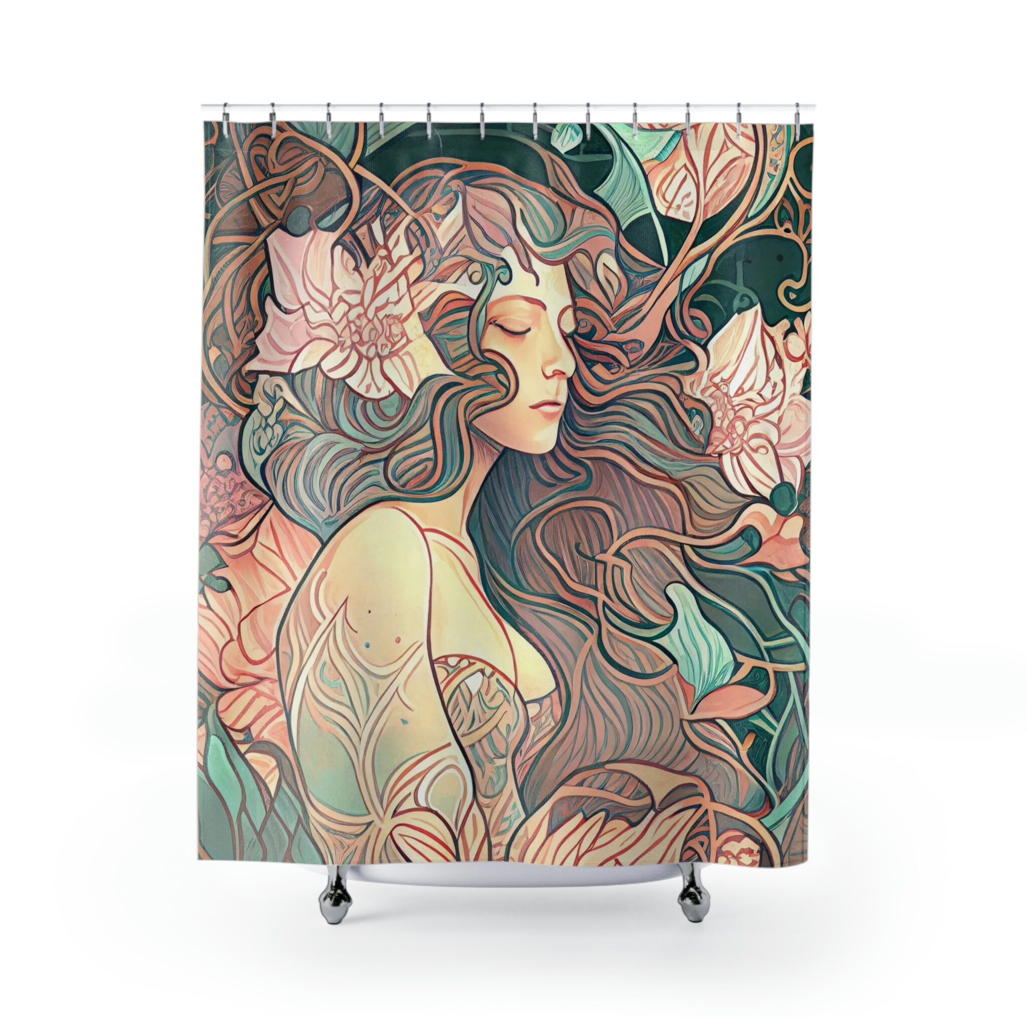 Mucha Style Mermaid Shower Curtain - Art Nouveau Bathroom Decor with ...