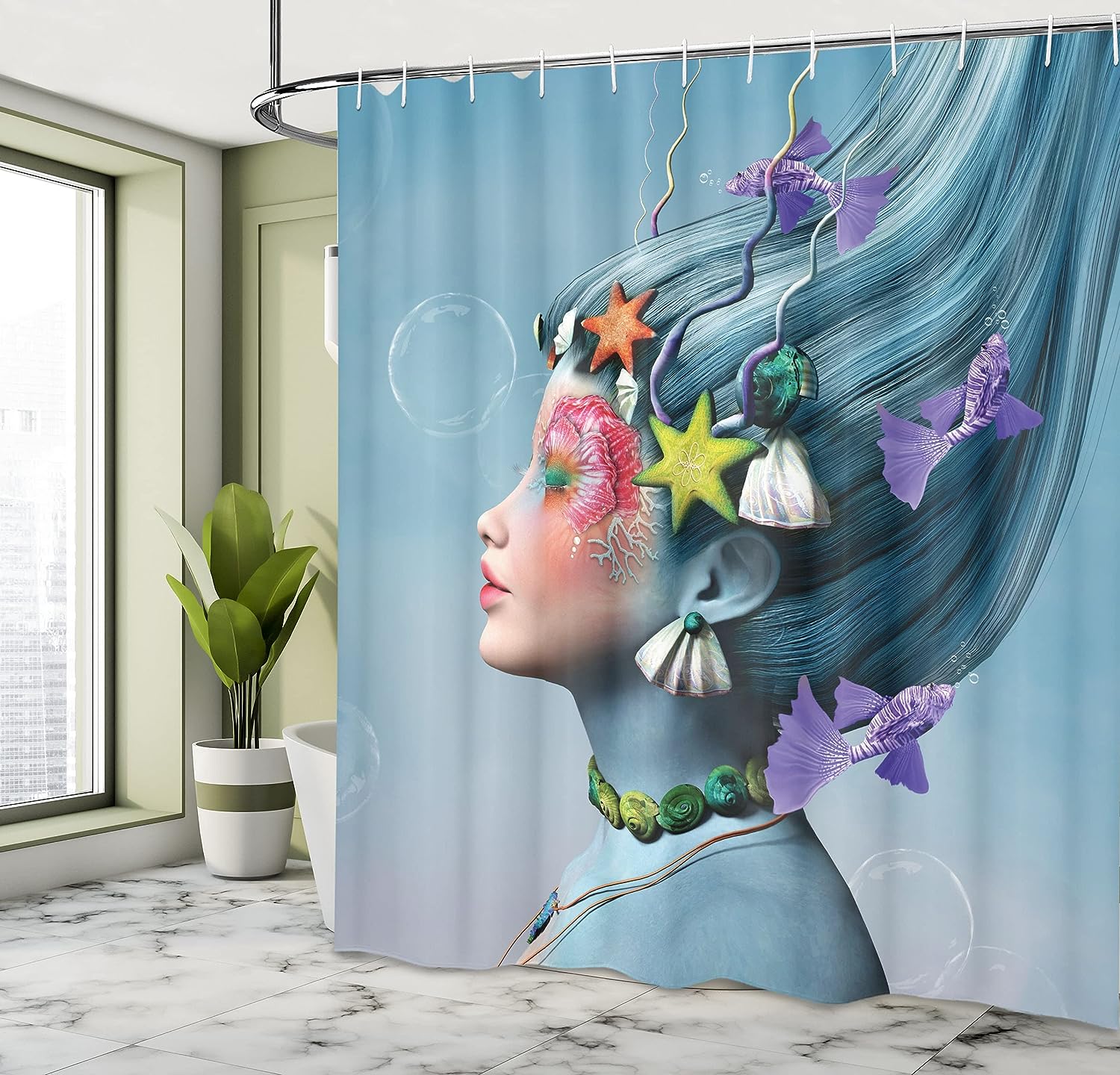 Multicolor Underwater Mermaid Shower Curtain with Starfishes and ...