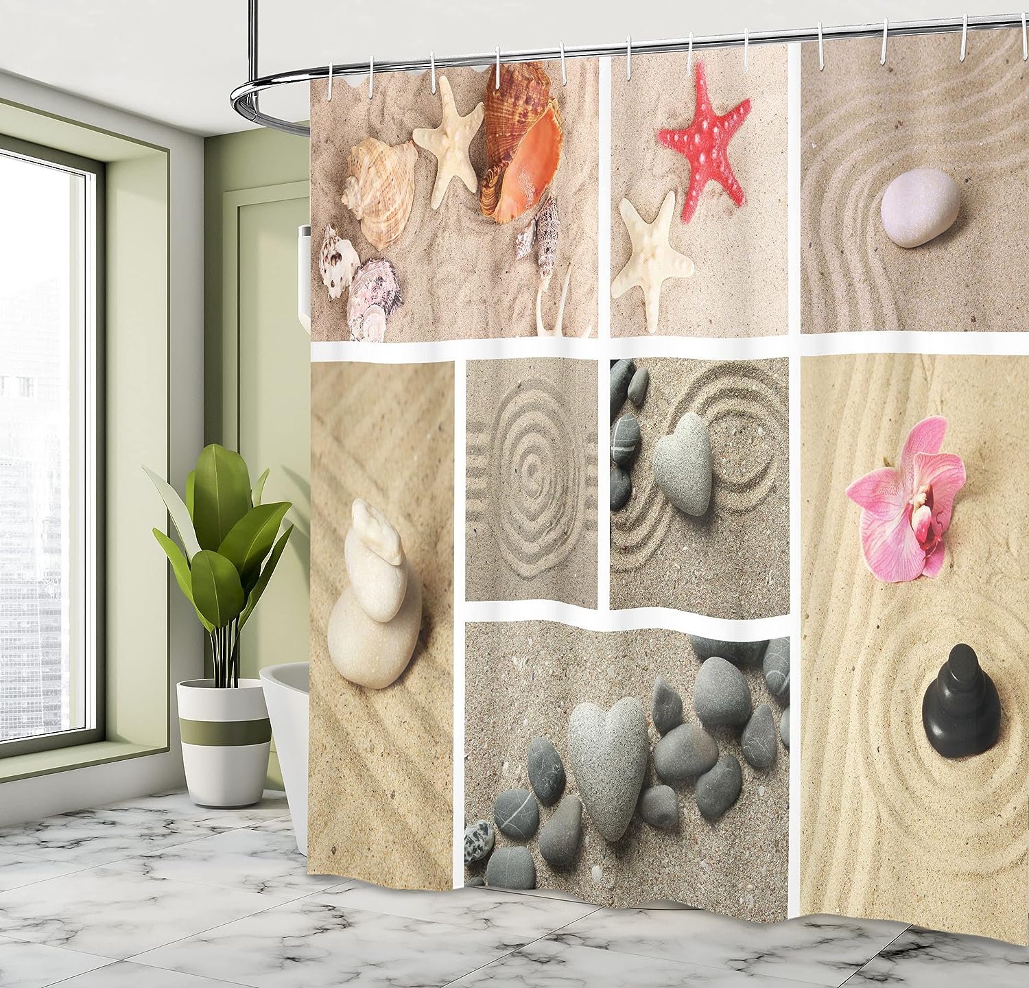 Natural Sandstone Nautical Ocean Shower Curtain, Collage of Seashells ...