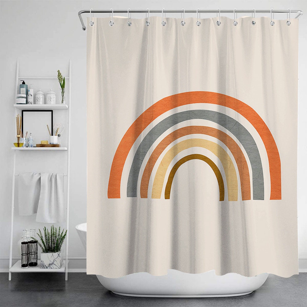 Pastel Boho Mid-Century Rainbow Shower Curtain for Modern Bathroom ...