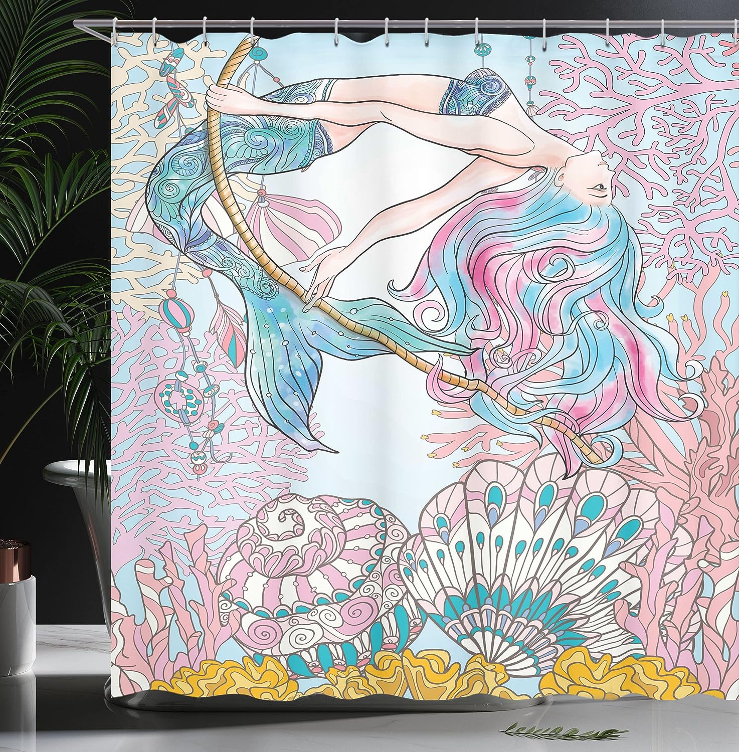 Pink and Blue Mermaid Shower Curtain with Greek Mythical Art for a ...