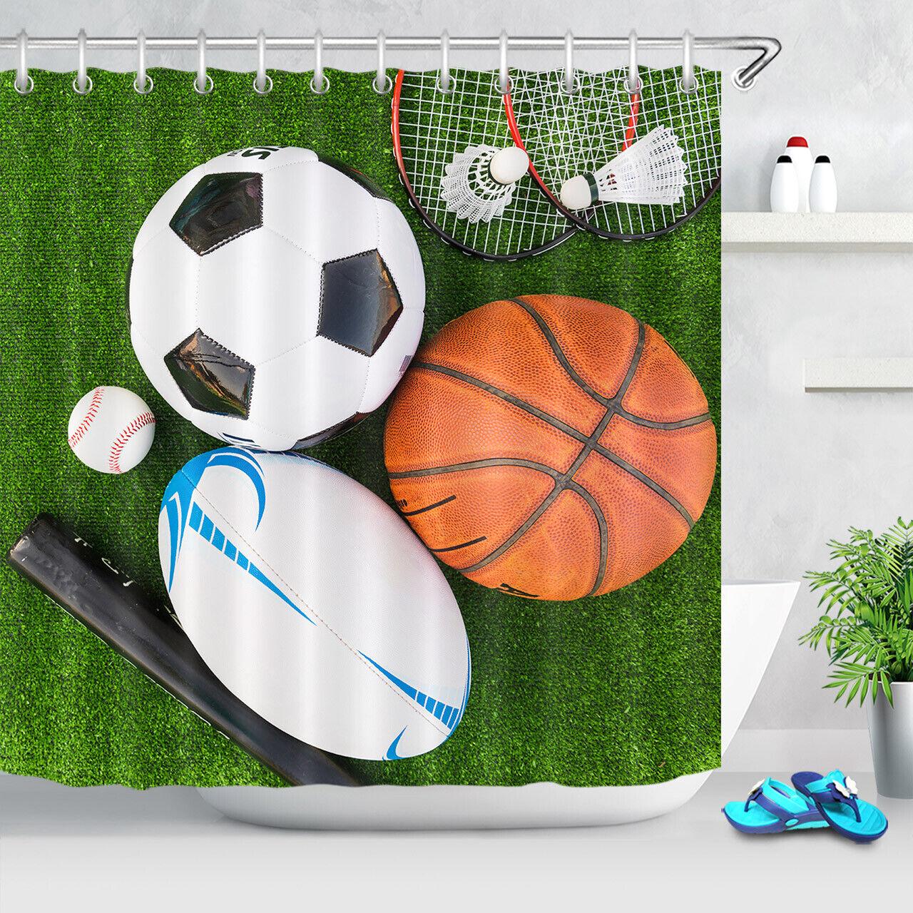 Playground Sports Shower Curtain - Featuring Football, Basketball, and ...