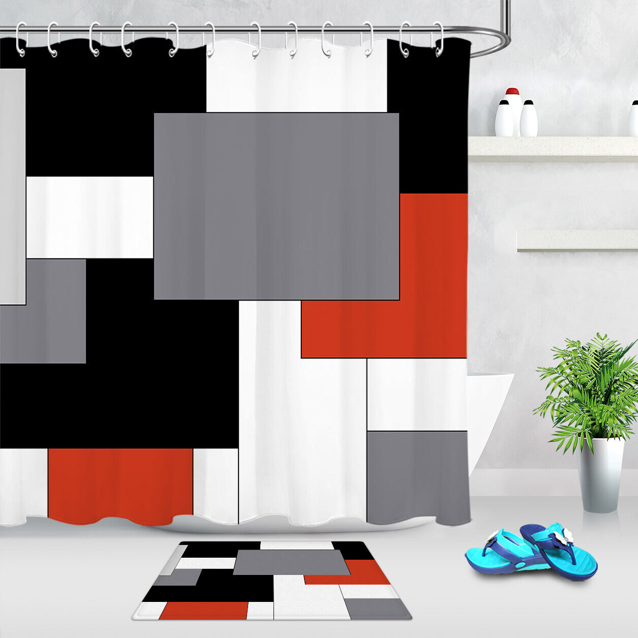 Red Black and White Geometric Pattern Shower Curtain for Chic Bathroom ...