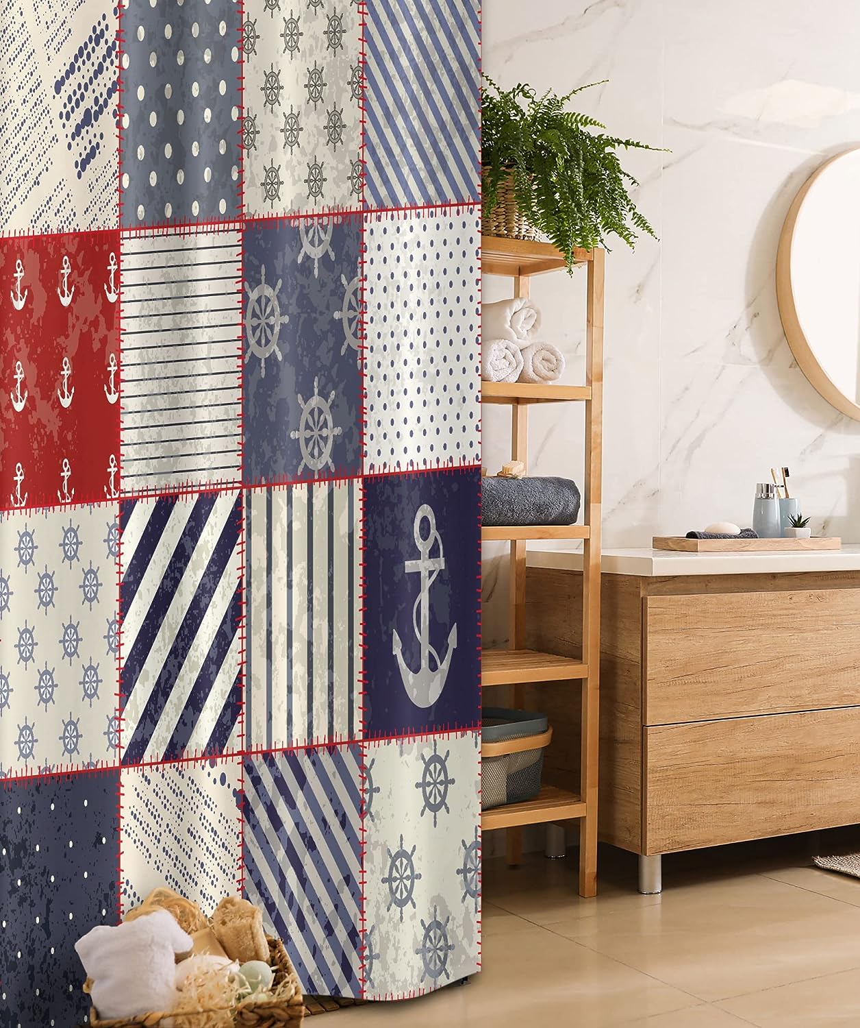 Sailor Knot Anchor Nautical Stall Shower Curtain, Fabric Vermilion Blue ...