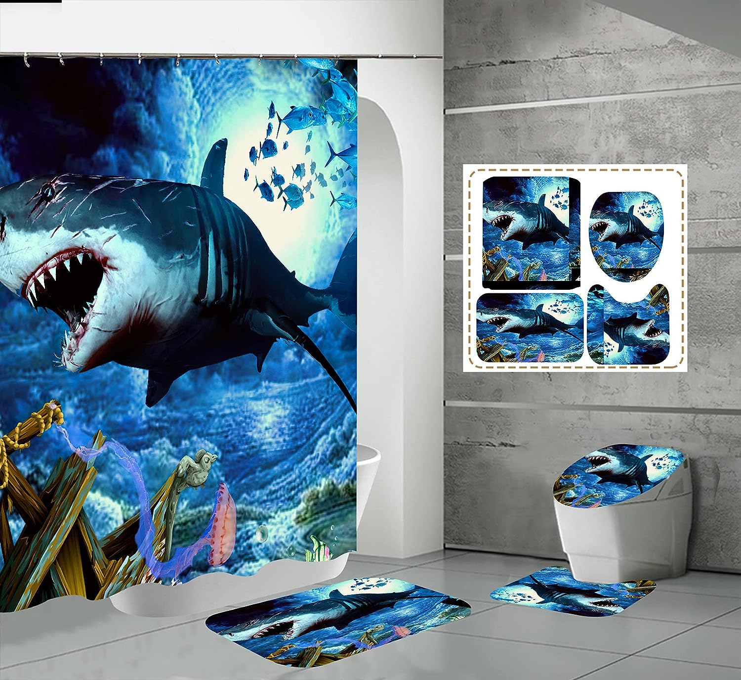 Scarred Shark Shower Curtain for Ocean-Themed Bathroom - Bluefink