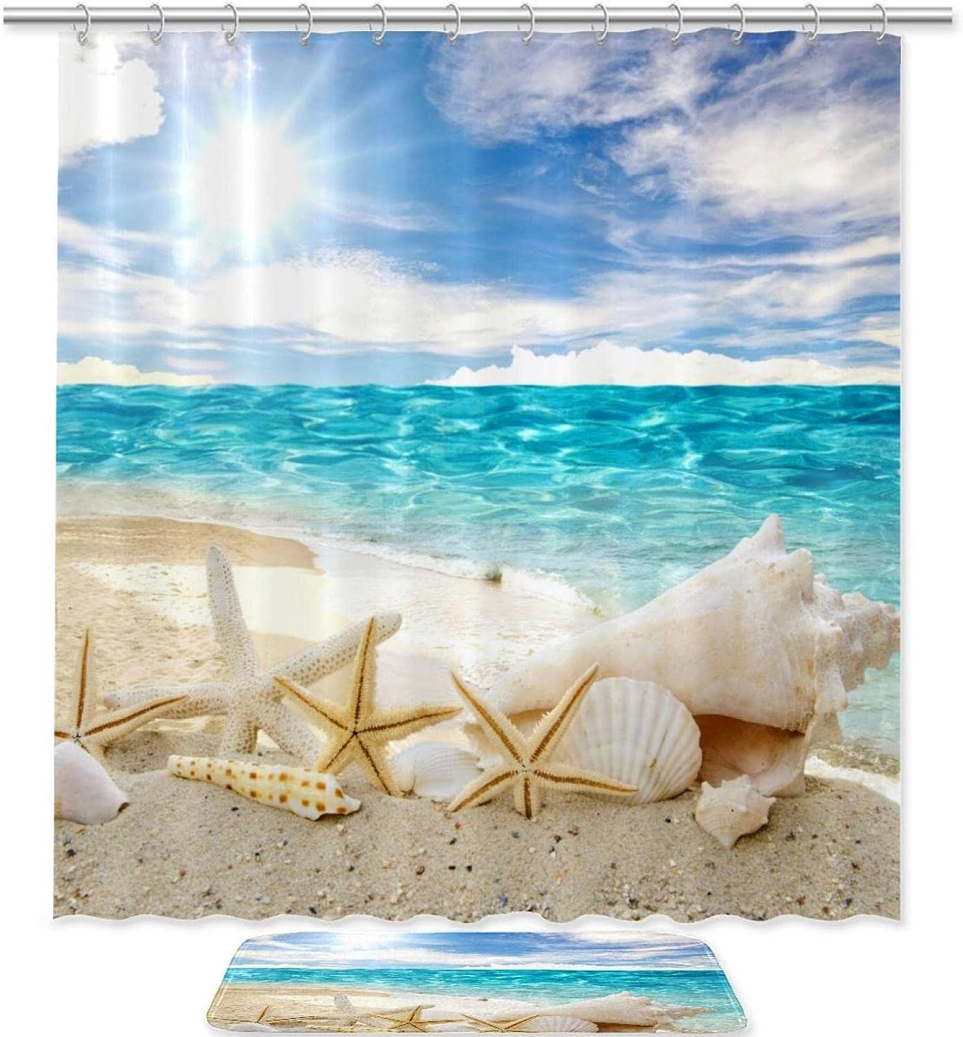 Seashell Starfish Ocean Shower Curtain for Bathroom Decor - Bluefink