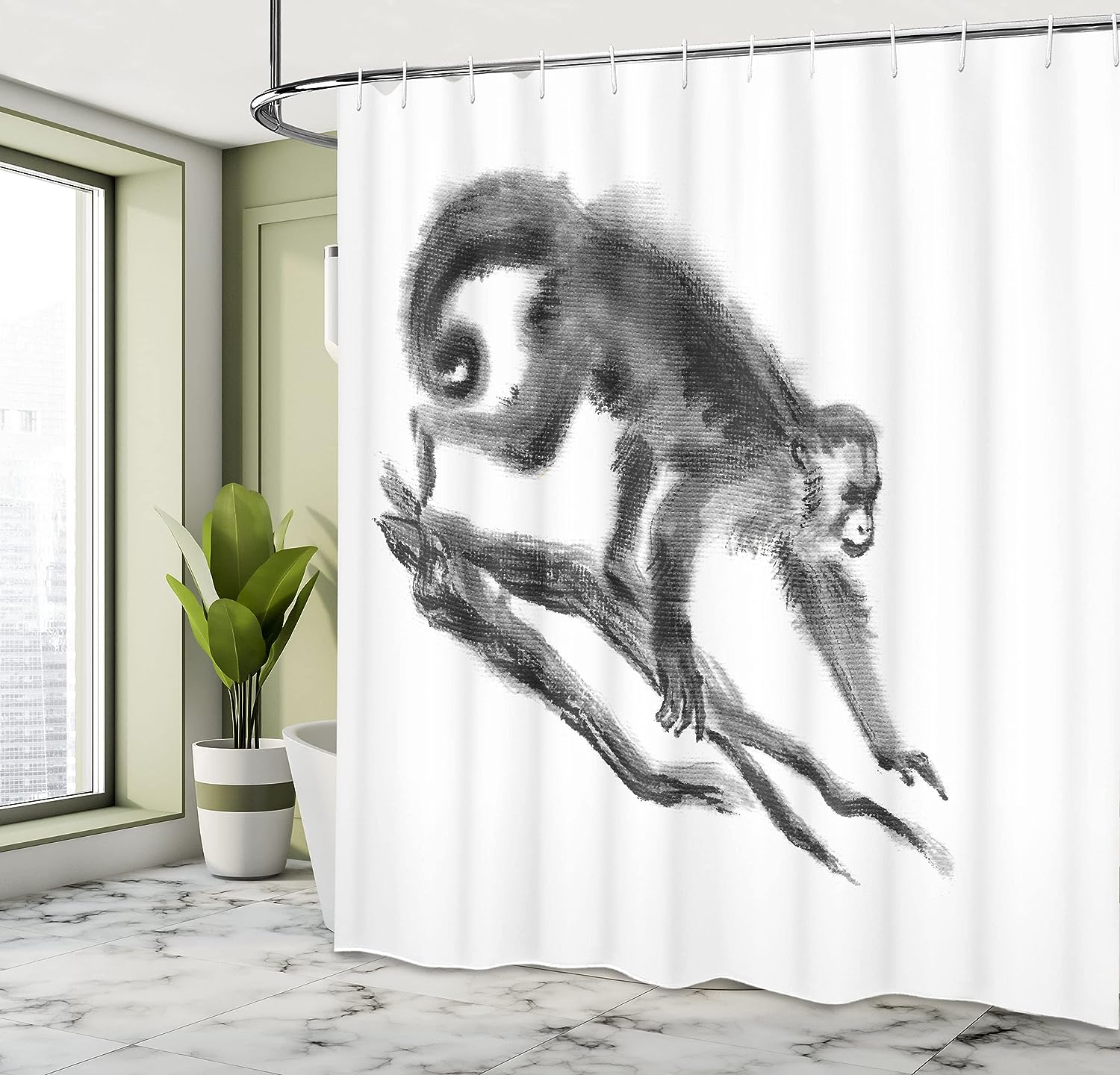Sketchy Monkey Shower Curtain, Exotic Creature in Jungle Hand Drawn ...