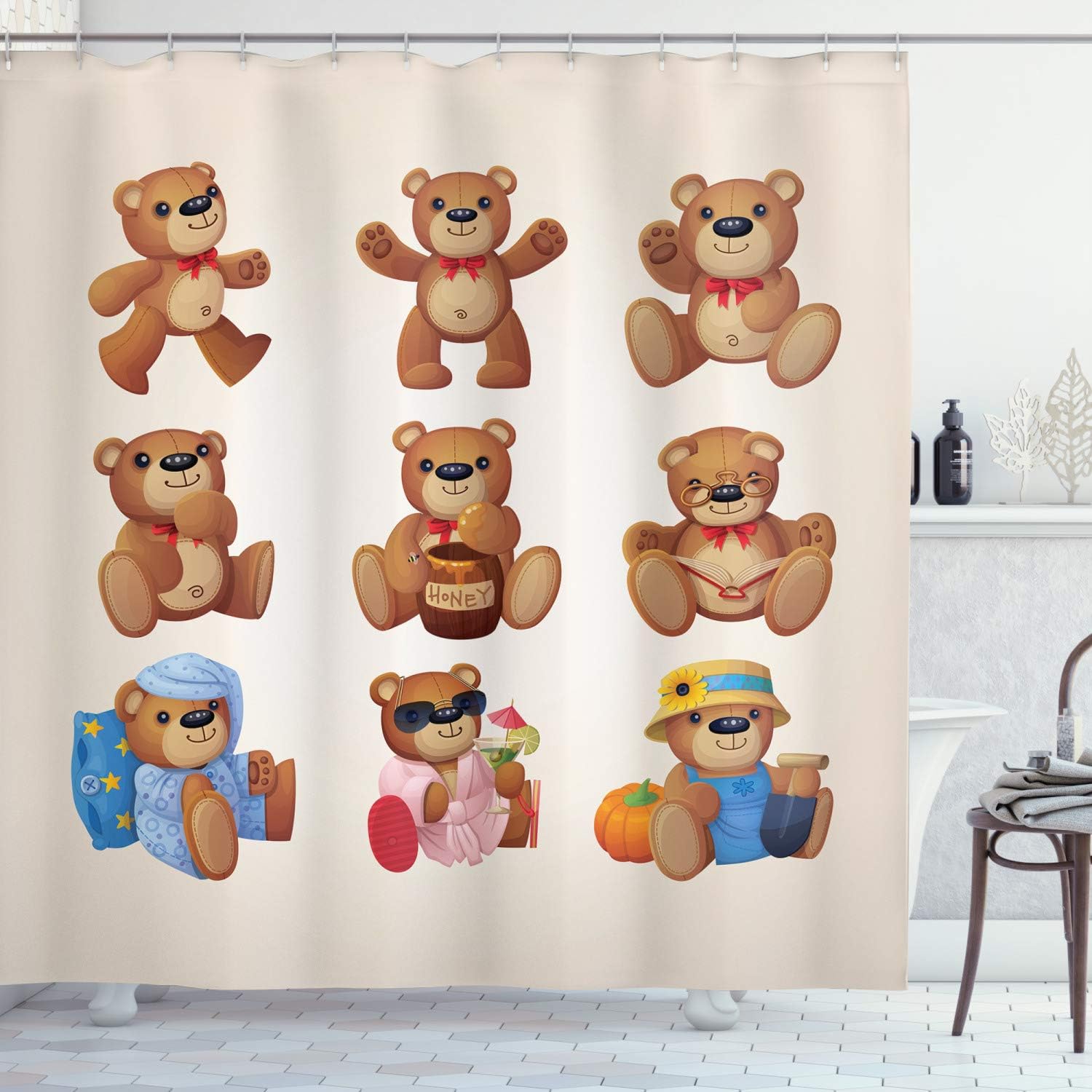 Teddy Bears Shower Curtain, Funny Different Faces Nostalgic Design in ...