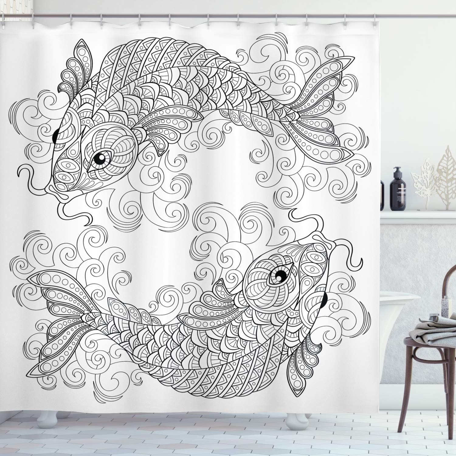 Traditional Koi Fish Pattern Shower Curtain, Image Print Cloth Bathroom ...