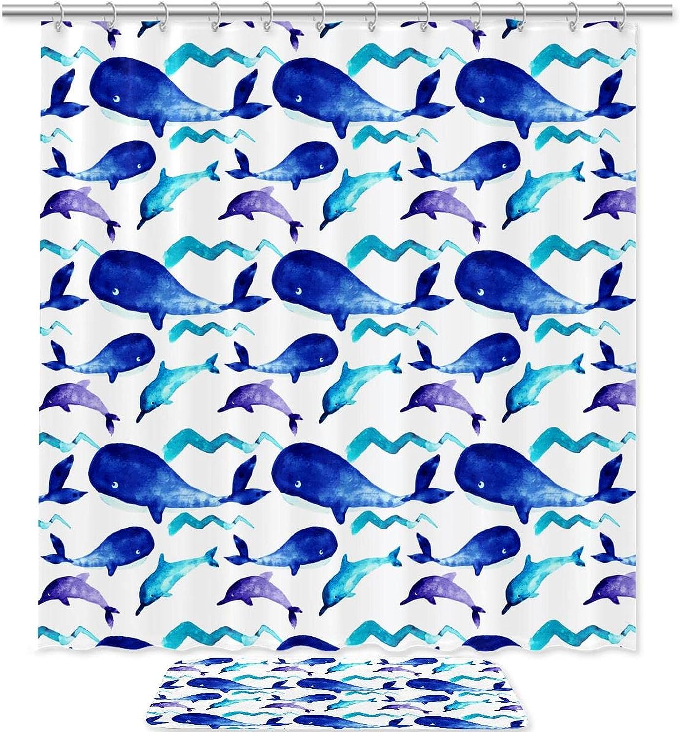 Watercolor Dolphin Whale Shower Curtain in Blue | Home Decor - Bluefink