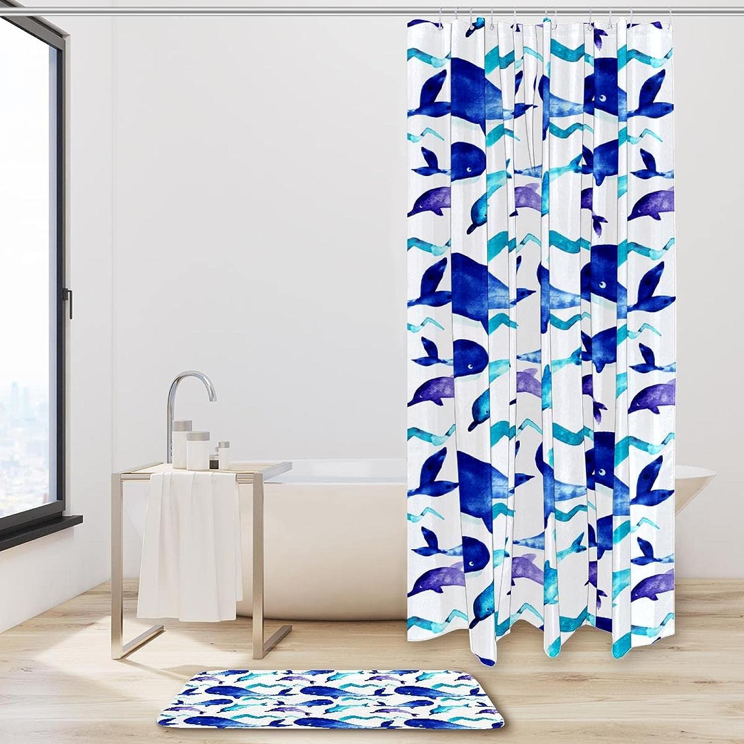 Watercolor Dolphin Whale Shower Curtain in Blue | Home Decor - Bluefink