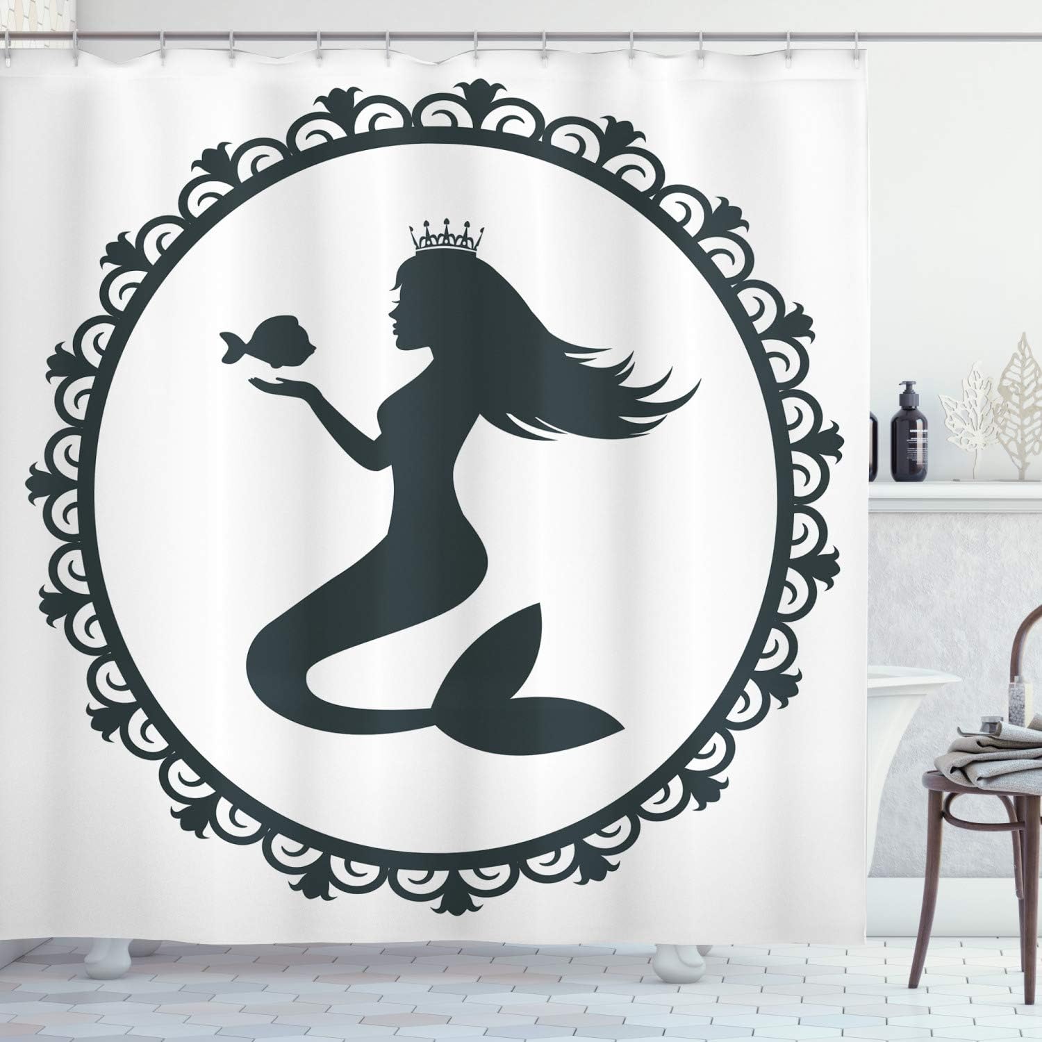 White and Dark Grey Mermaid Shower Curtain with Vintage Graphic ...