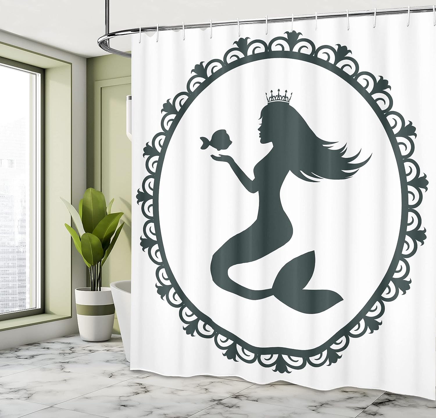 White and Dark Grey Mermaid Shower Curtain with Vintage Graphic ...