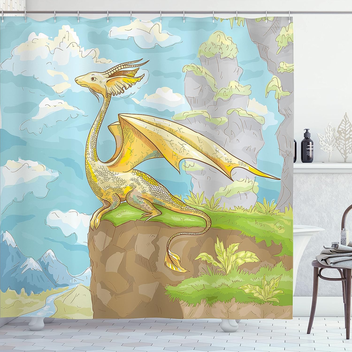 Winged Dragon Cloth Fabric Shower Curtain, Hand Drawn Landscape for ...