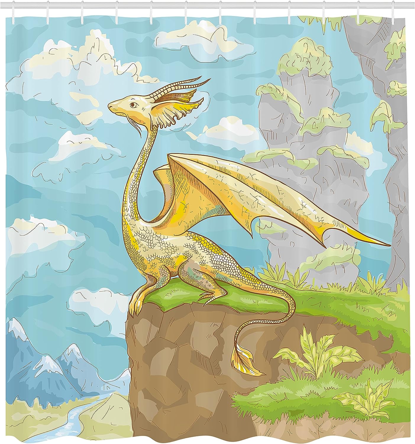 Winged Dragon Cloth Fabric Shower Curtain, Hand Drawn Landscape for ...