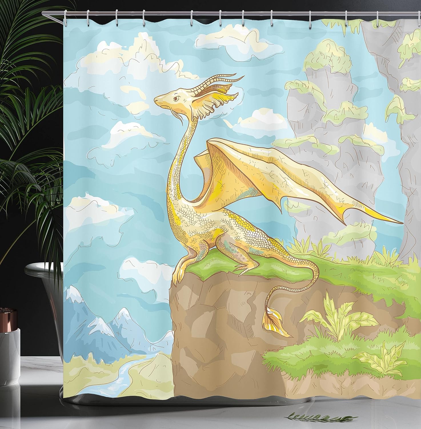 Winged Dragon Cloth Fabric Shower Curtain, Hand Drawn Landscape for ...