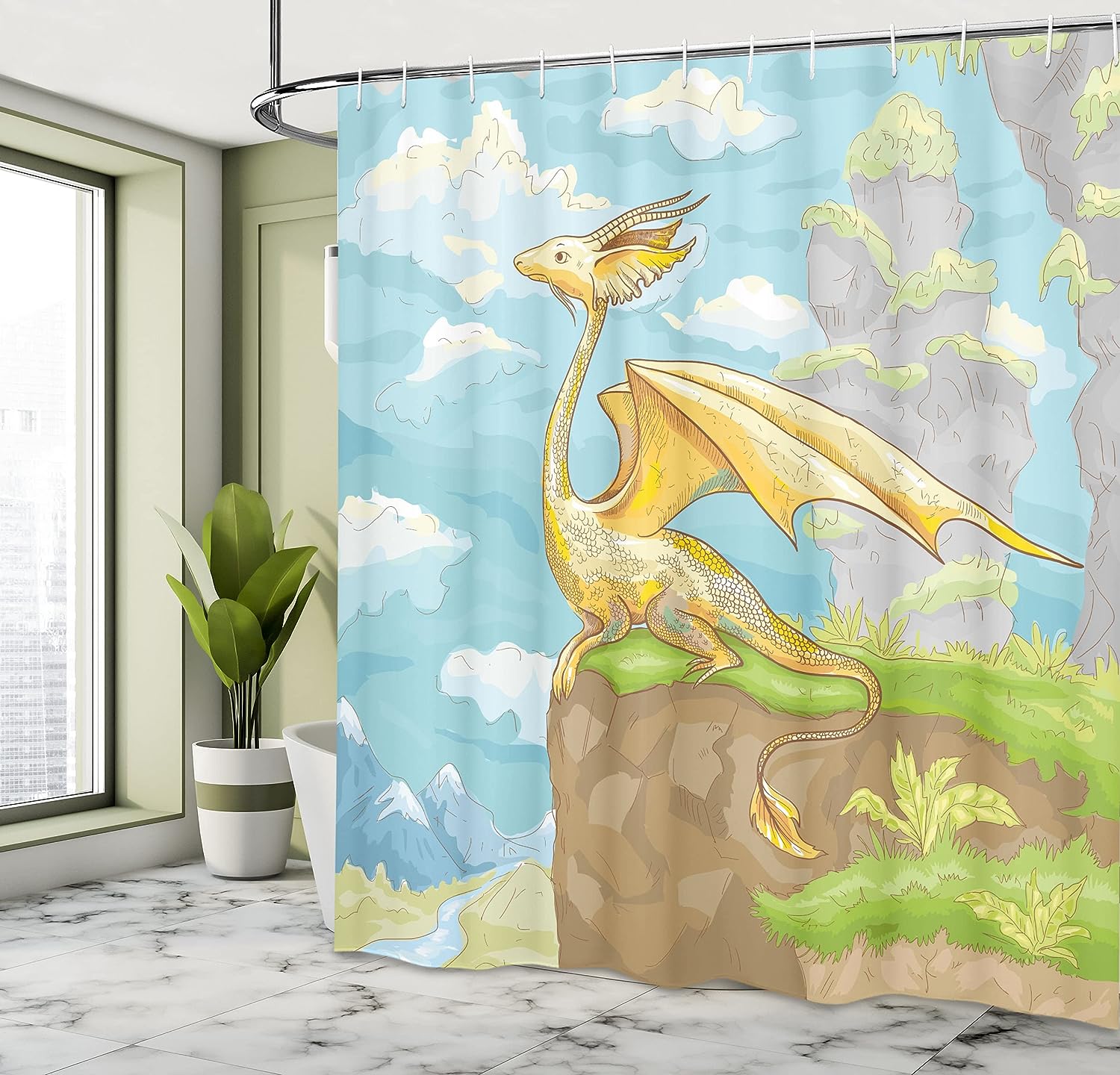 Winged Dragon Cloth Fabric Shower Curtain, Hand Drawn Landscape for ...