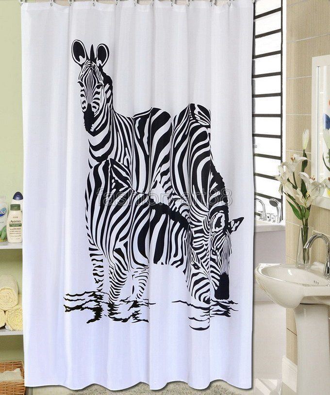 Zebra Print Shower Curtain - Black and White Bathroom Decor with Animal ...